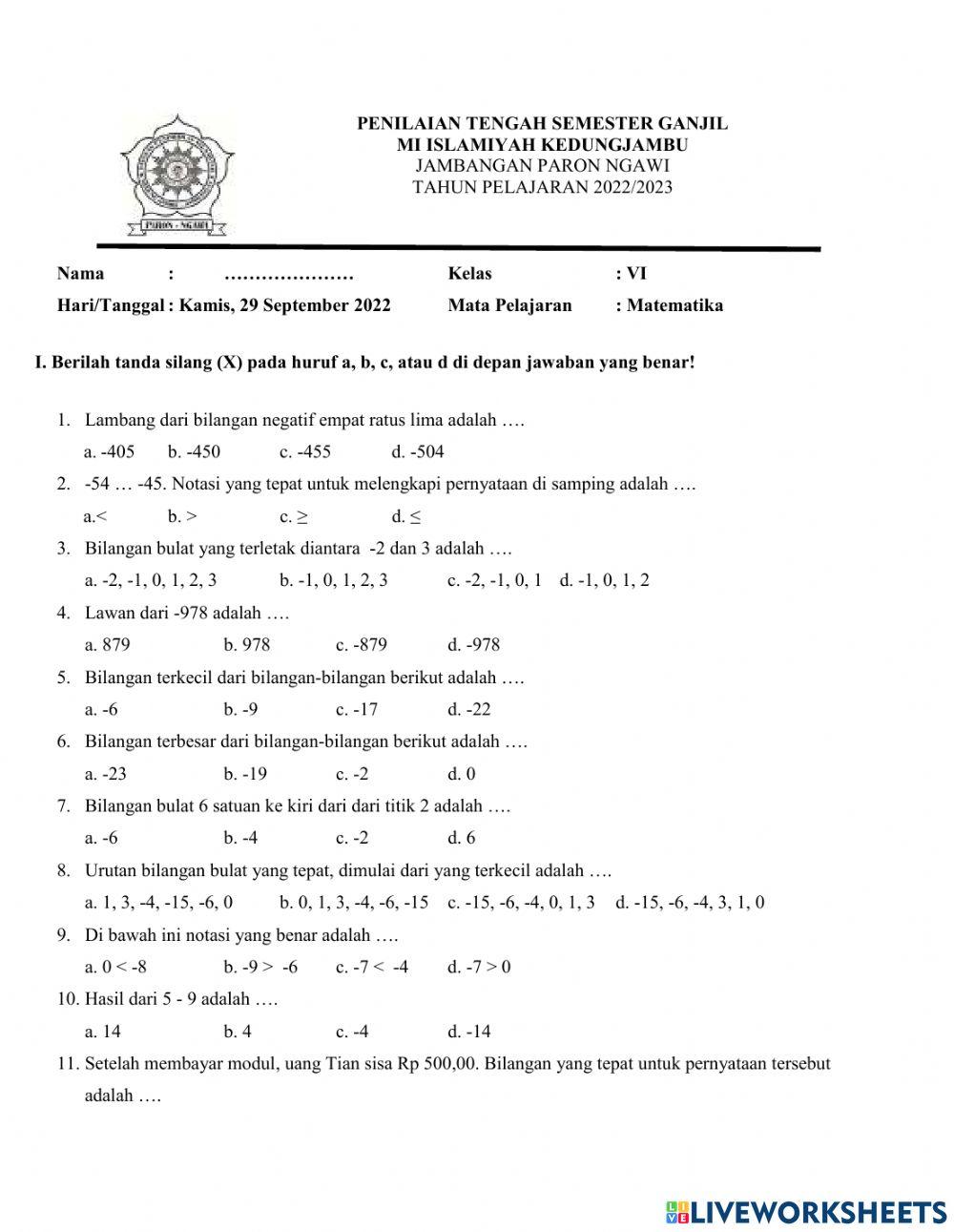 Pts mtk kelas 6 worksheet | Live Worksheets