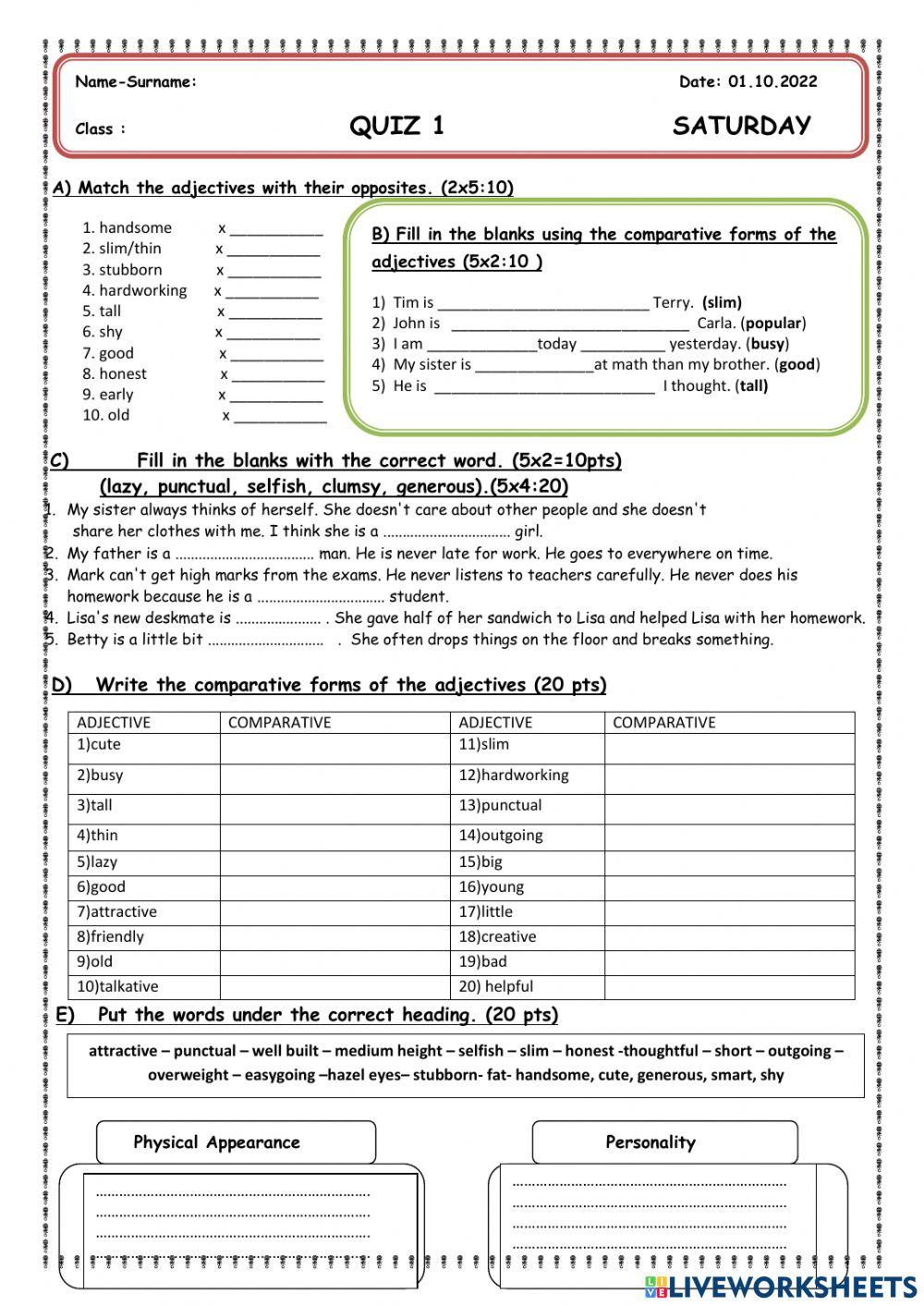 Quiz 1. 7th Grade-2022-Eptember worksheet | Live Worksheets
