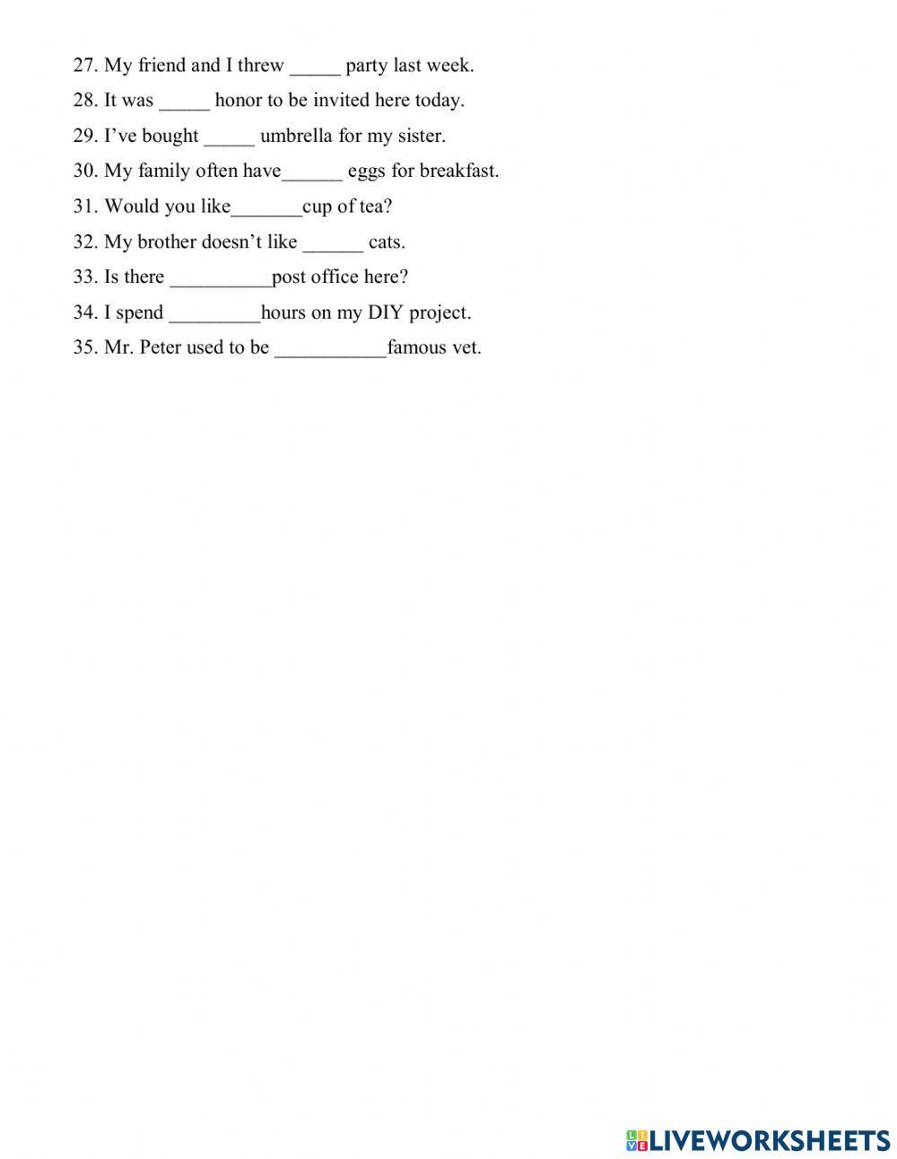 Articles online exercise for 8 | Live Worksheets