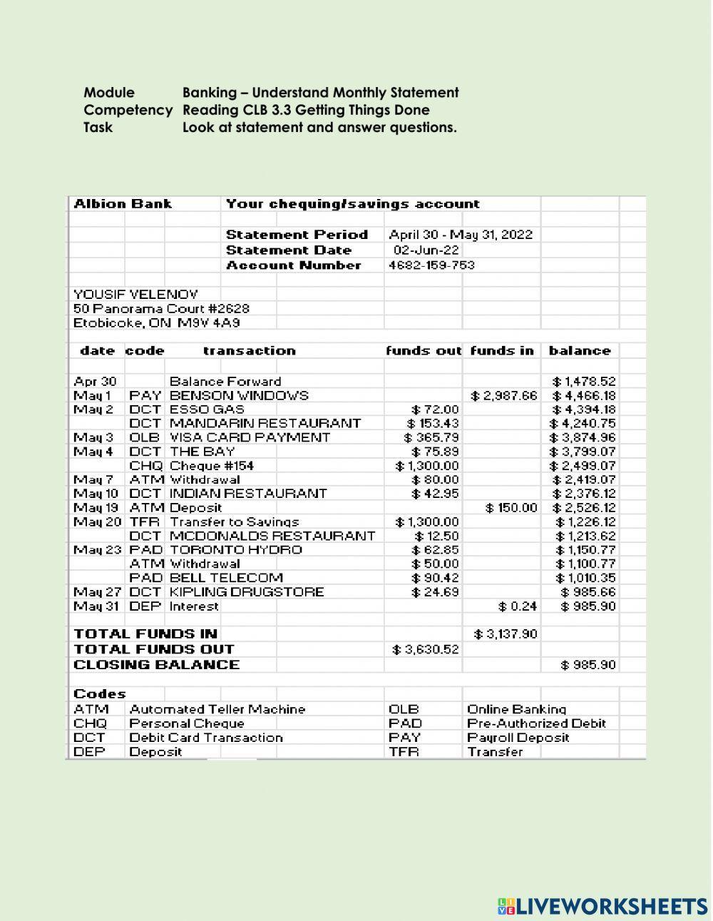 Reading CLB 3.3 Getting Things Done - Understand Monthly Bank Statement ...