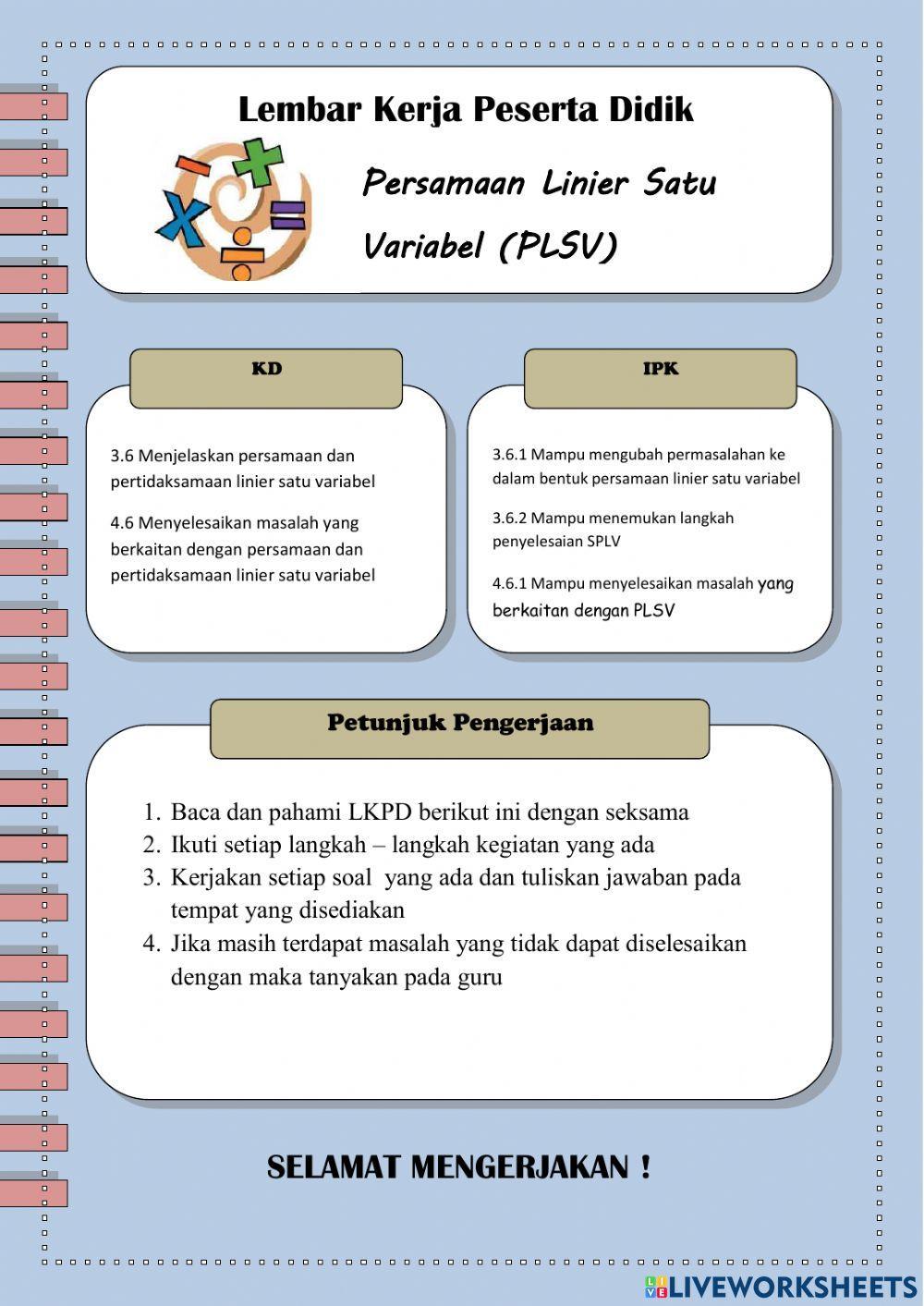 2160464 | LKPD Persamaan Linier Satu Variabel (PLSV)