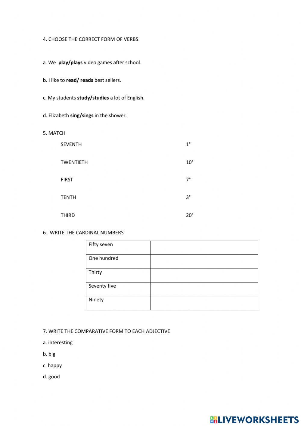 Evaluation online exercise for SECOND | Live Worksheets
