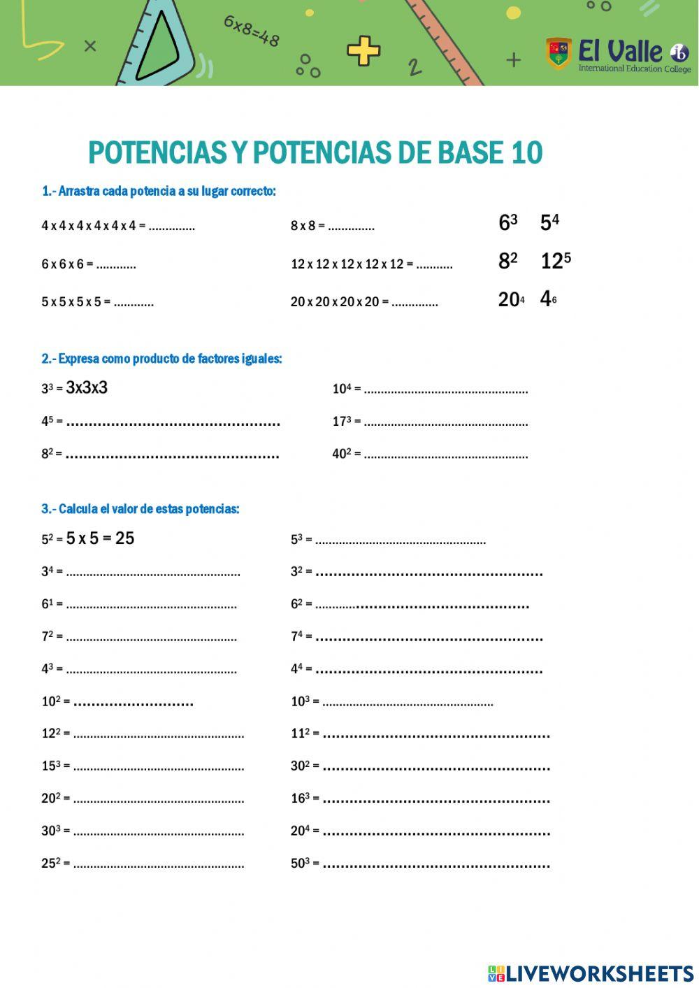Potencias y potencias de base 10 worksheet | Live Worksheets