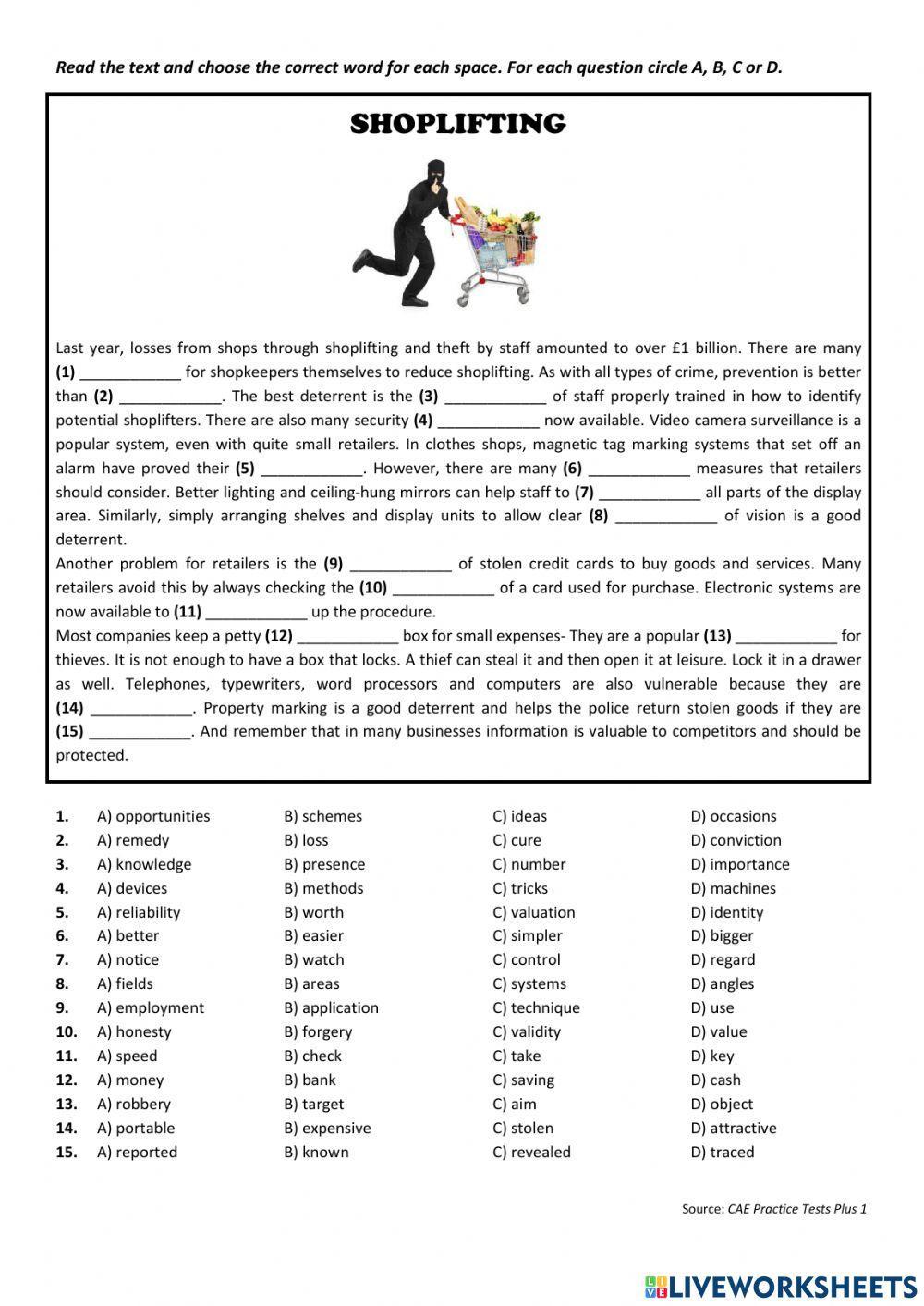 Shoplifting worksheet | Live Worksheets