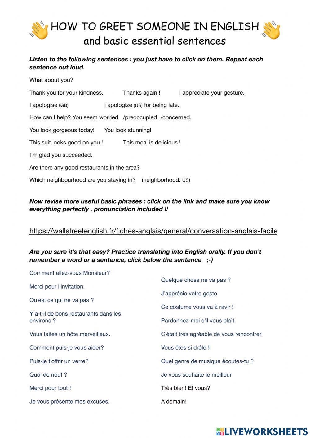 How to greet someone in English and useful basic sentences worksheet ...