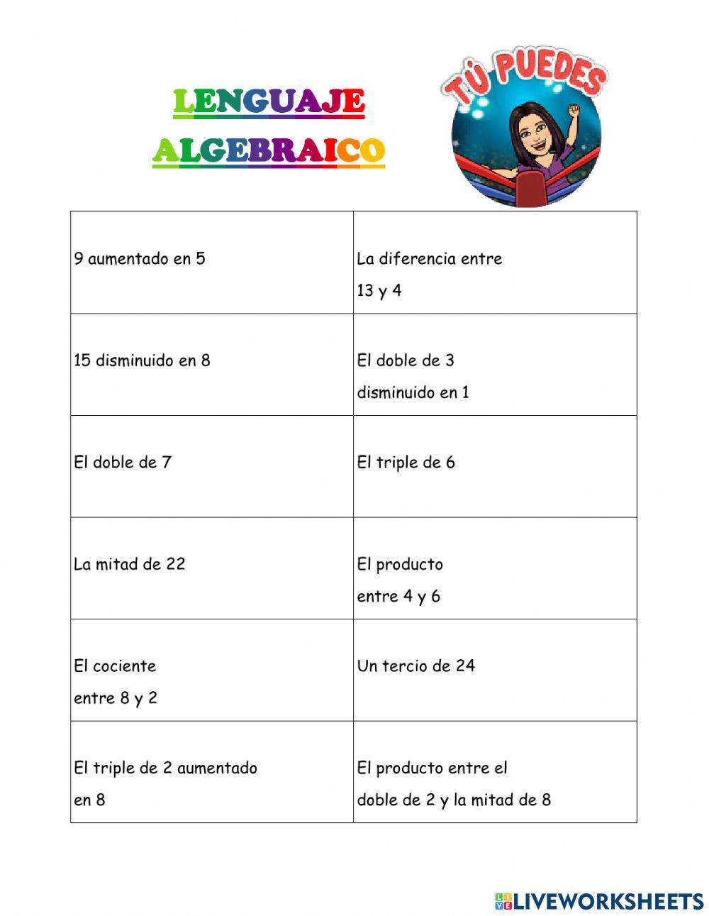 Lenguaje algebraico online worksheet for 6to basico | Live Worksheets