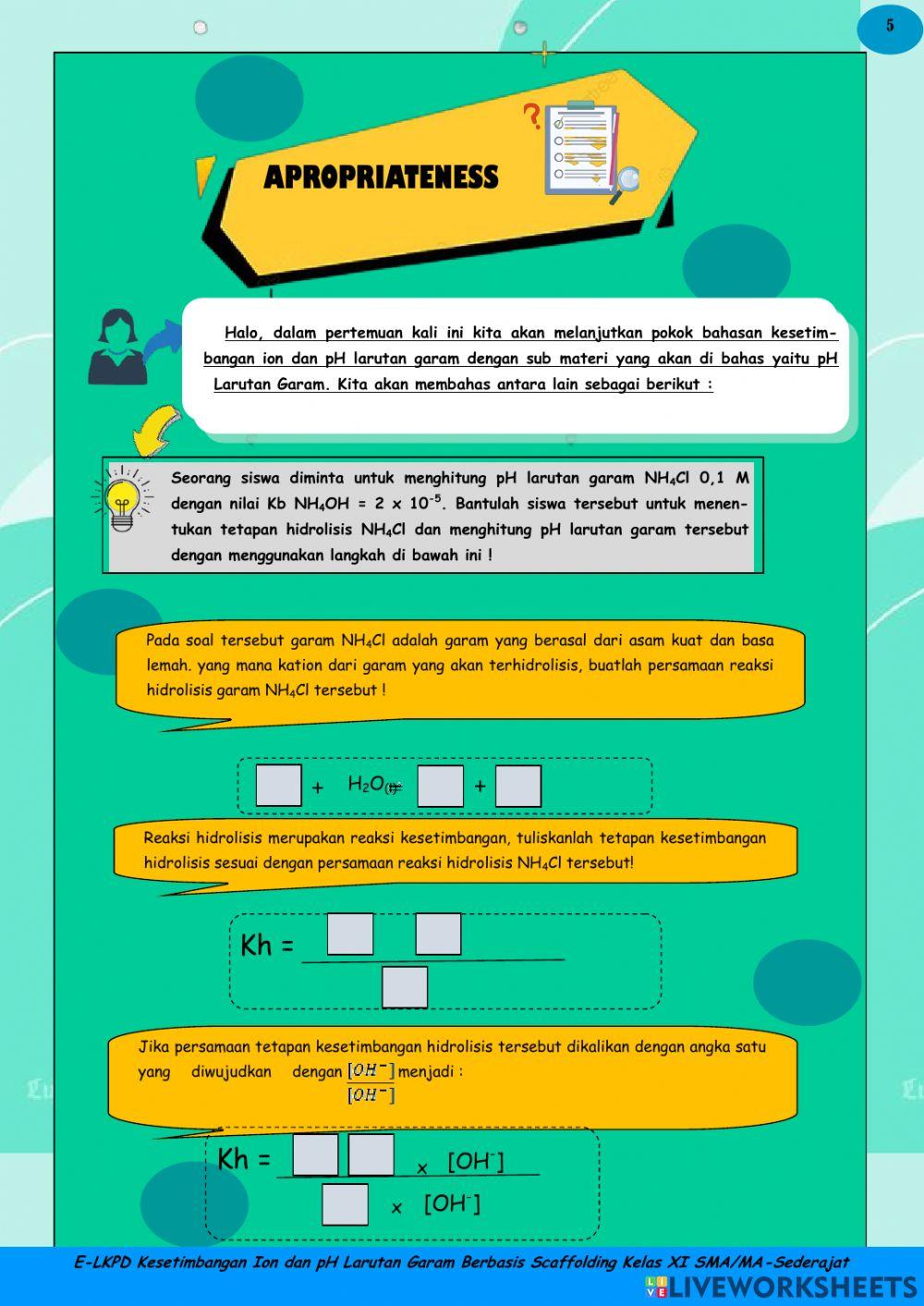 E-LKPD Kesetimbangan Ion pH Larutan Garam 3A worksheet | Live Worksheets