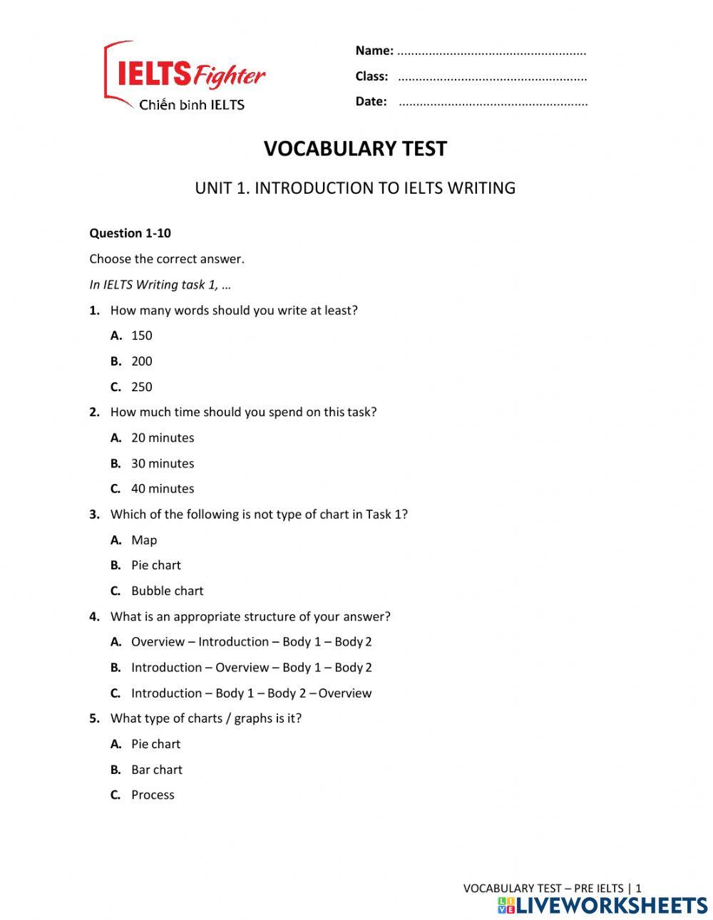 PRE-Vocab Test 6 | Quang Hưng Bùi | Live Worksheets