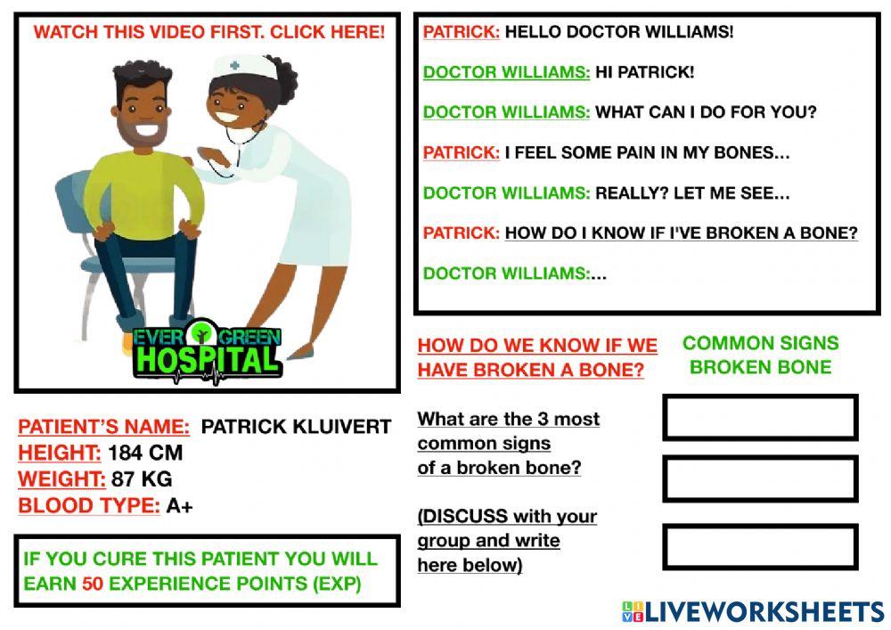 Evergreen hospital patient 1 patrick kluivert worksheet | Live Worksheets
