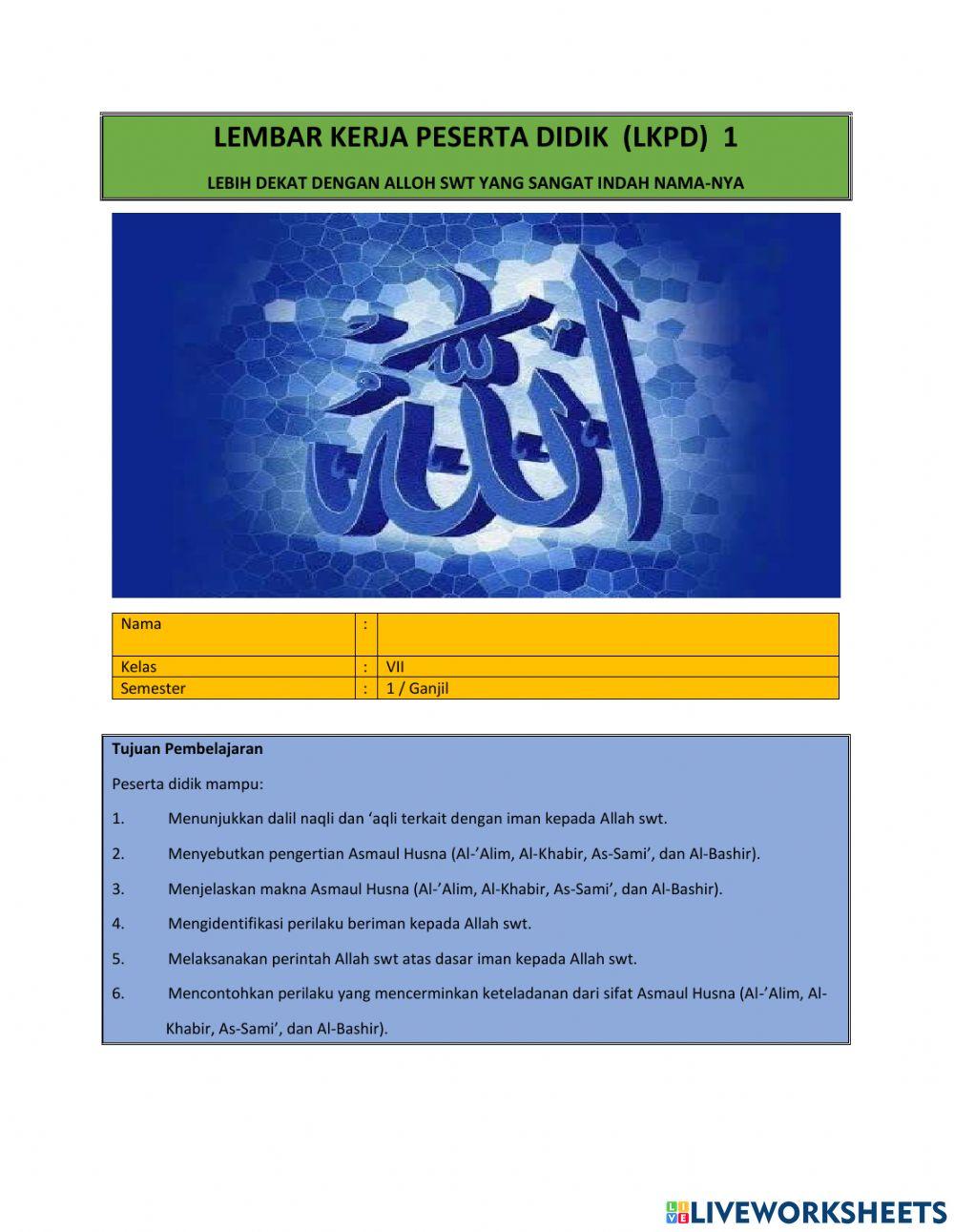 Lkpd pai bp worksheet | Live Worksheets