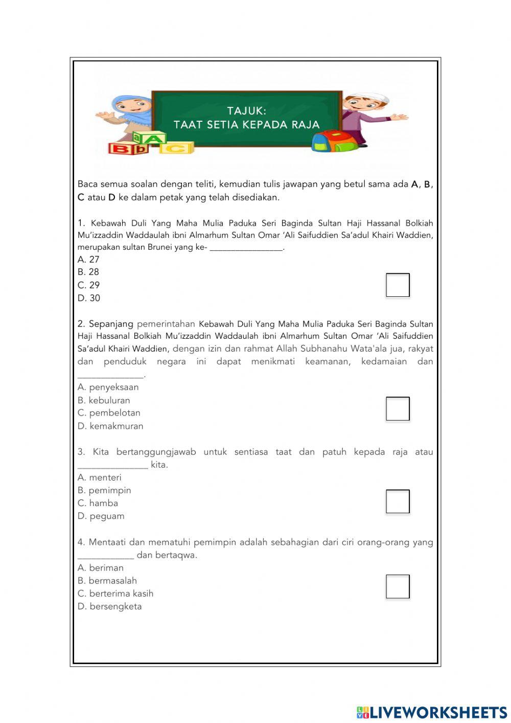 Taat setia kepada raja worksheet | Live Worksheets