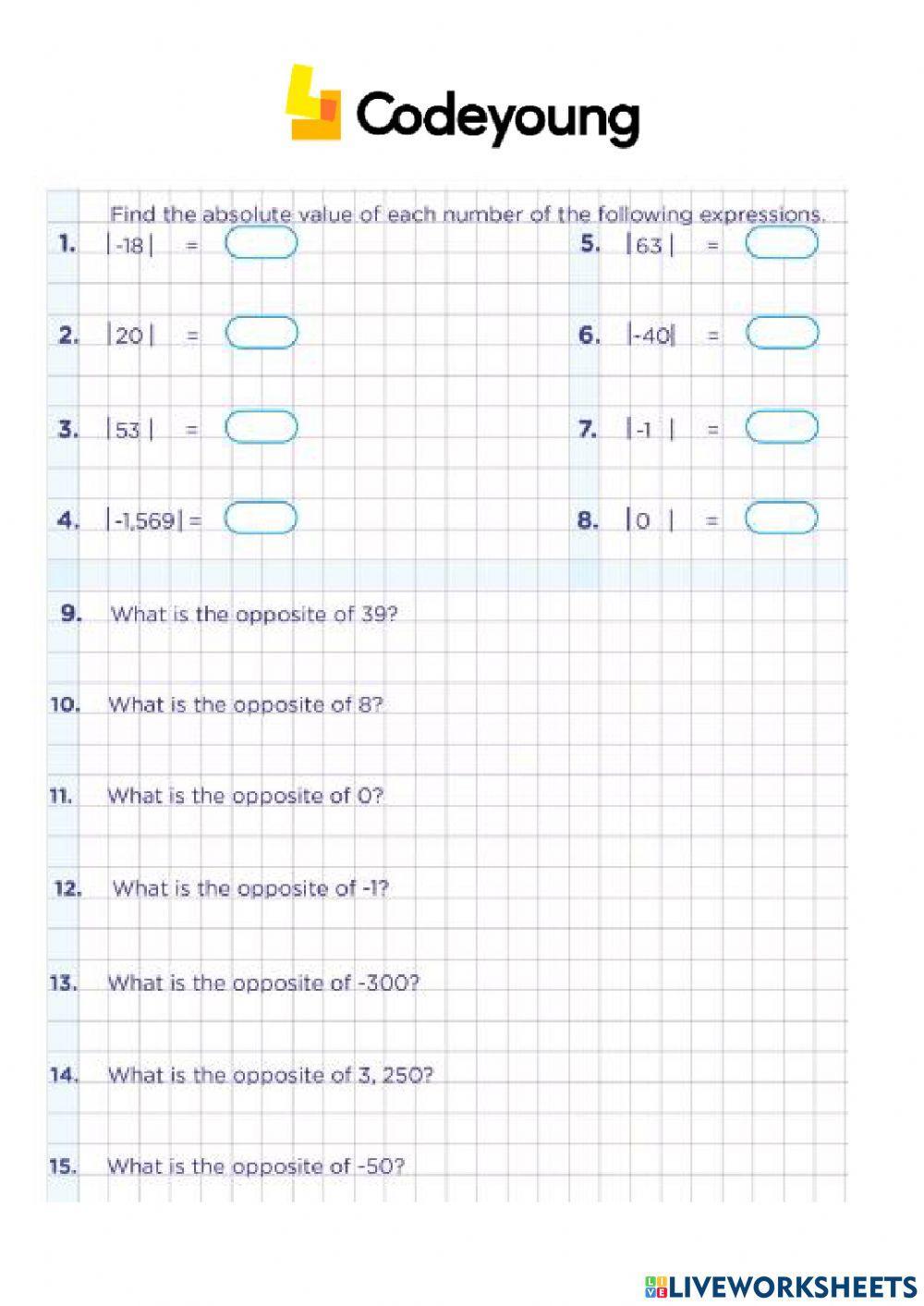 Absolute Value of Integers Concept CW worksheet | Live Worksheets