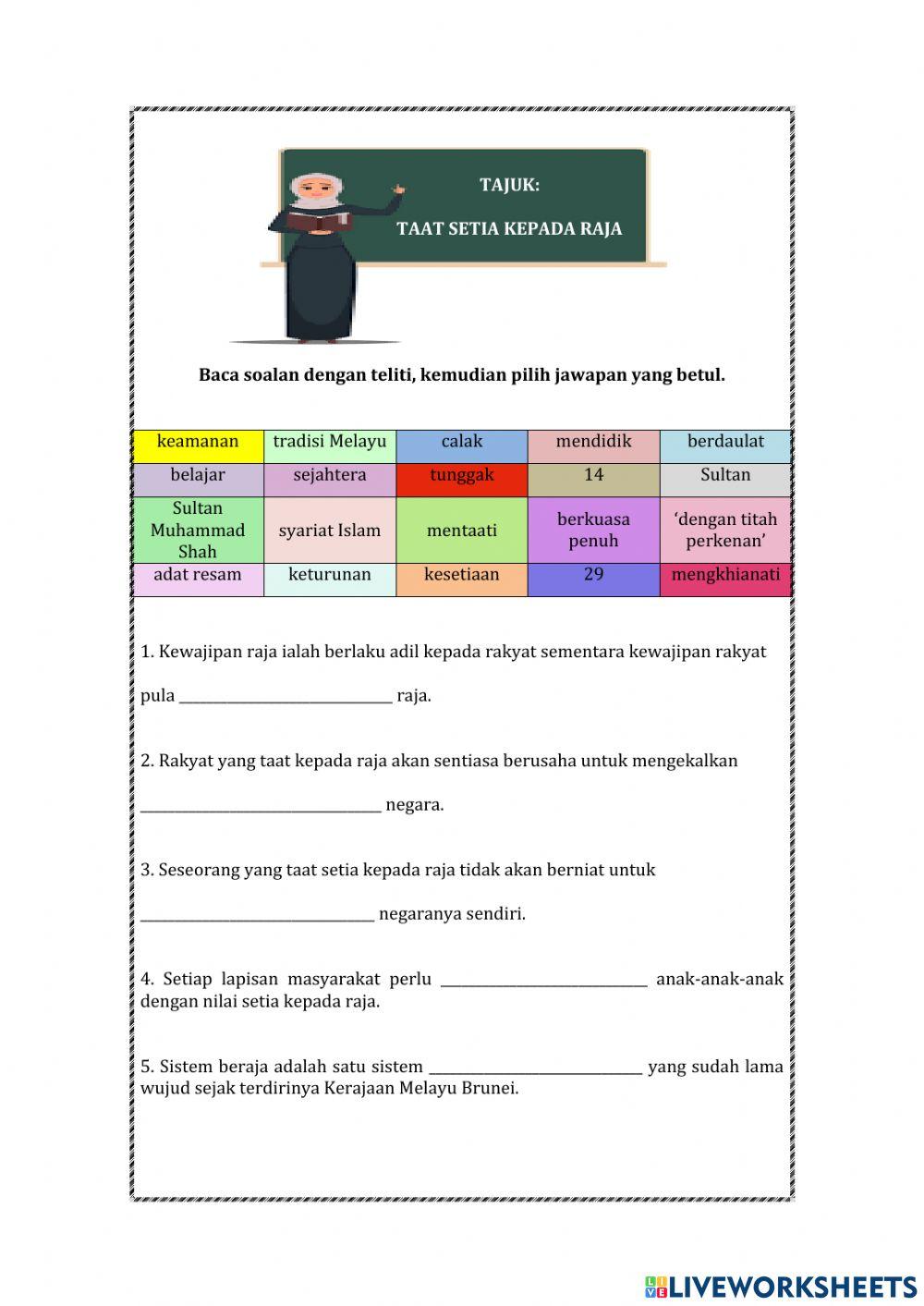 Taat Setia Kepada Raja 3 worksheet | Live Worksheets