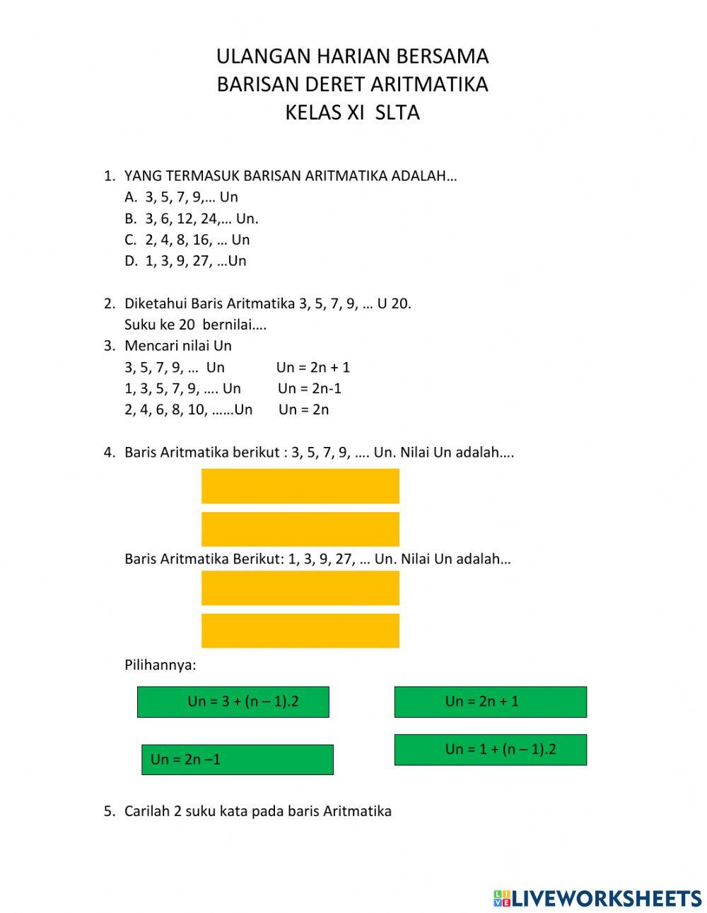 Baris aritmatika worksheet | Live Worksheets