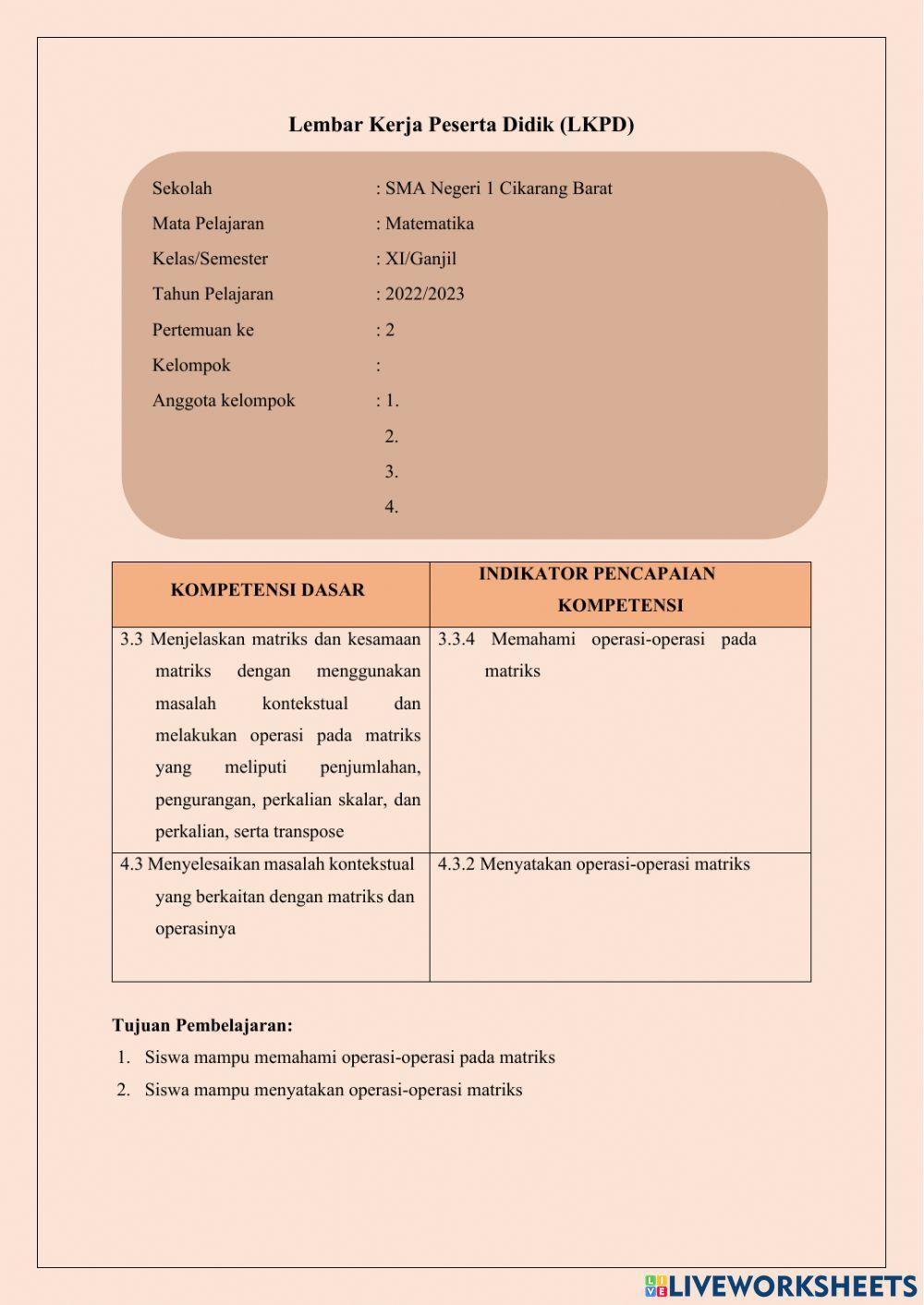 LKPD Operasi Matriks 2134838 | iqhlasf | LiveWorksheets