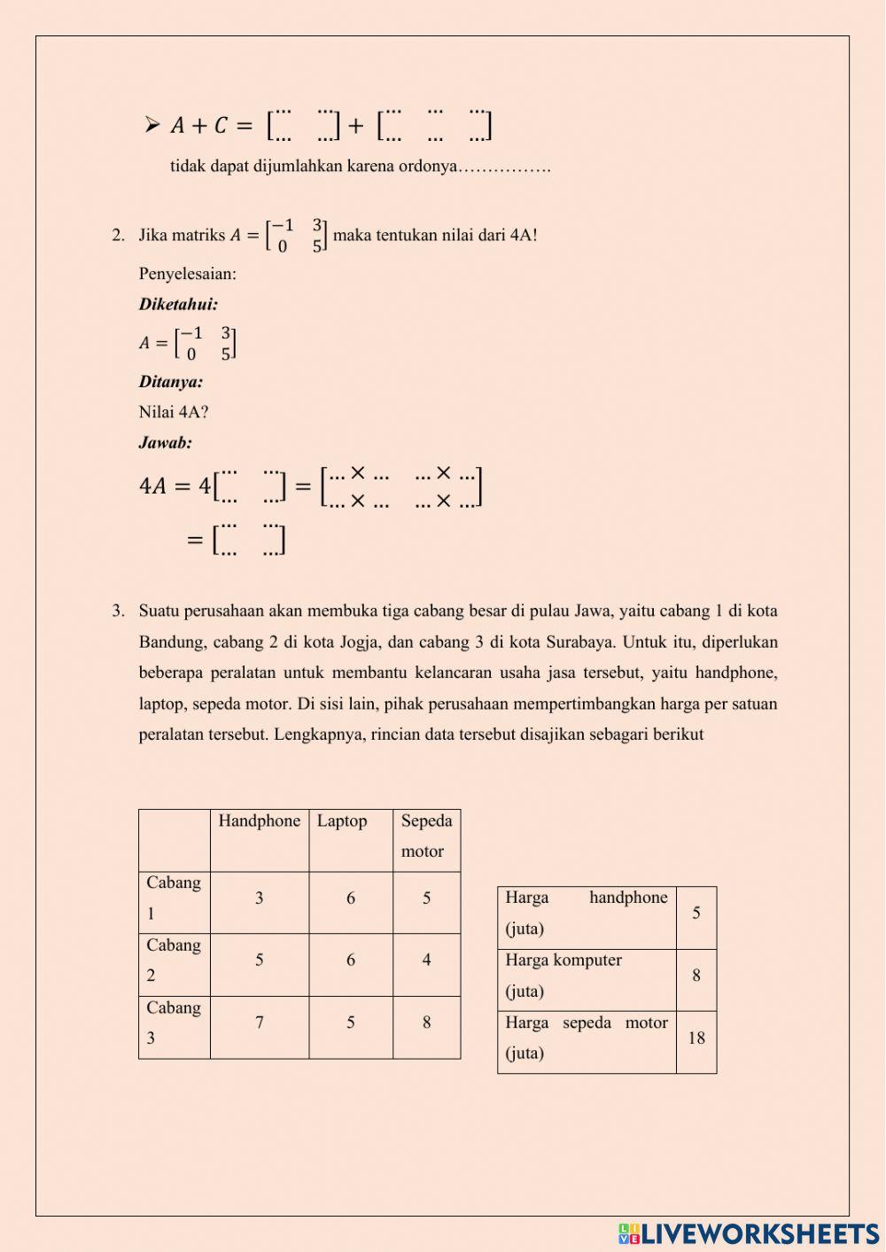 LKPD Operasi Matriks 2134838 | iqhlasf | LiveWorksheets