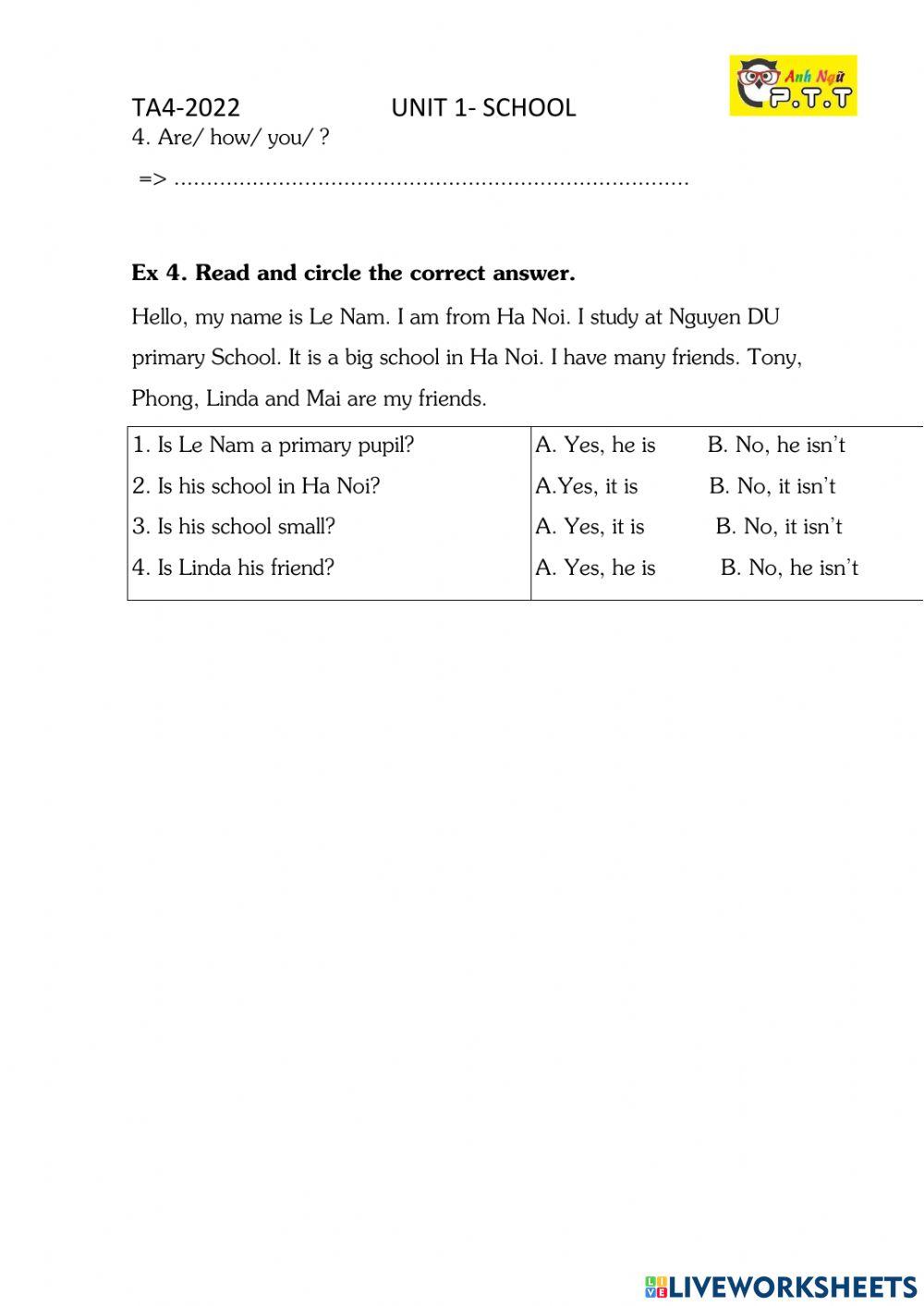 Ta4 unit 1 school worksheet | Live Worksheets