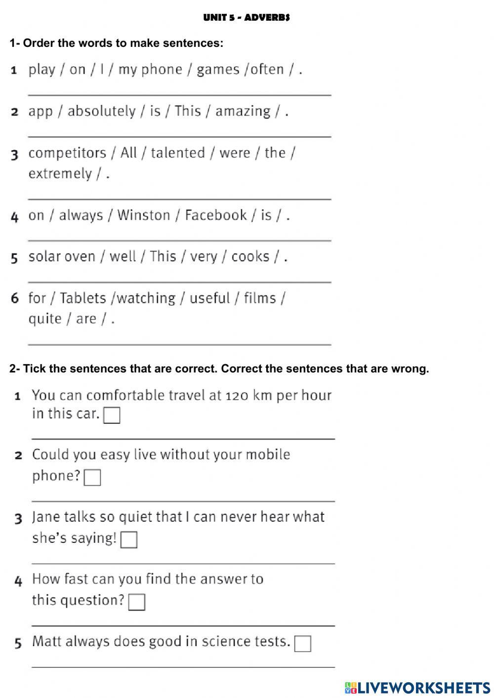 UNIT 5 - ADVERBS online exercise for | Live Worksheets