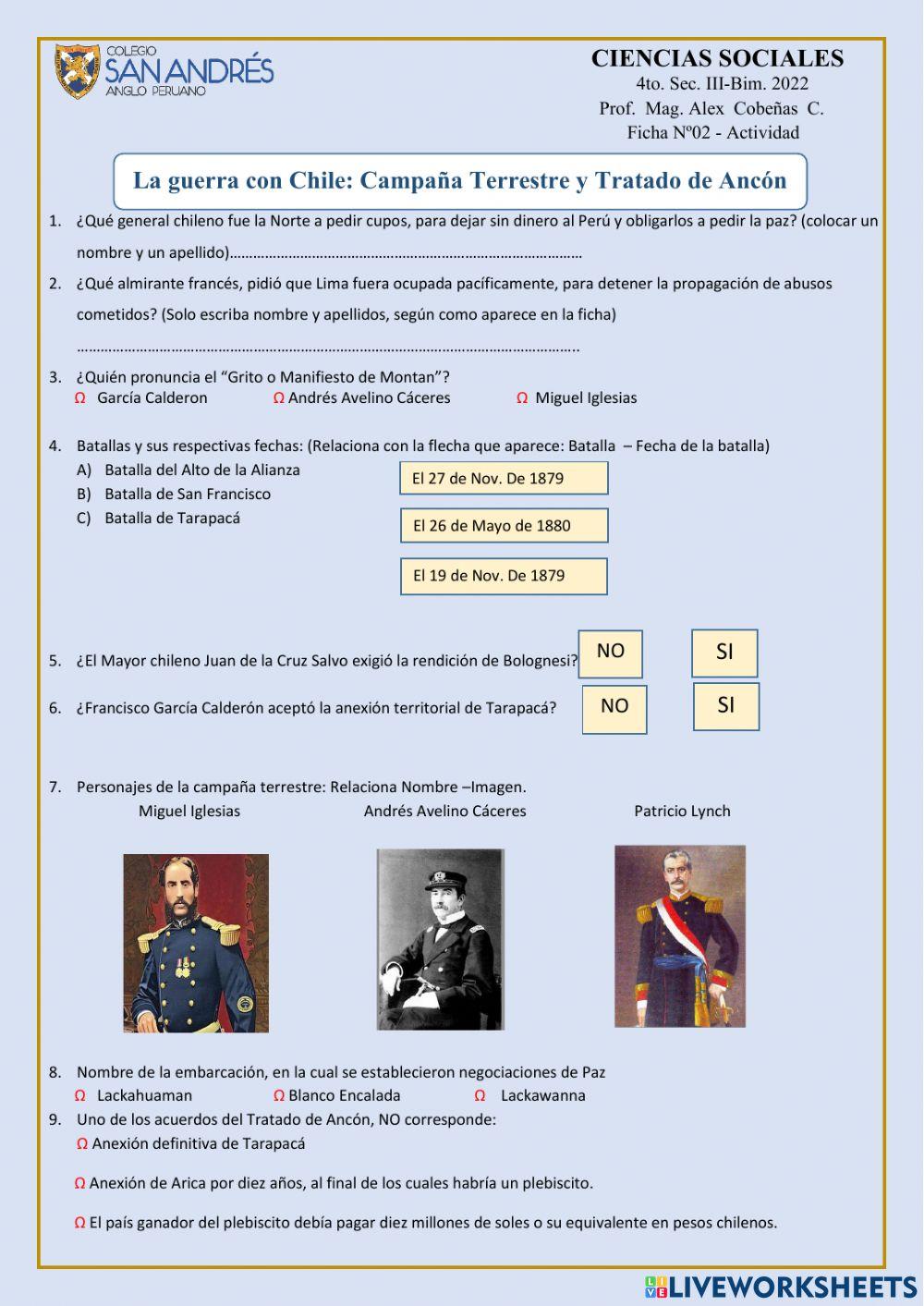 Guerra con Chile: Campaña Terrestre y Tratado de Ancón. worksheet ...