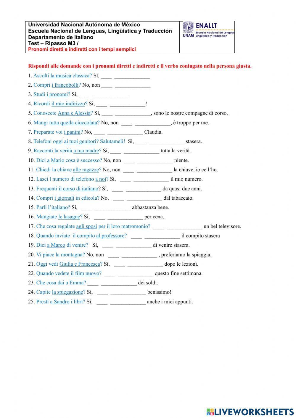 Test Pronomi Diretti E Indiretti Worksheet Live Worksheets, 60% OFF Test Pronomi Diretti E Indiretti Worksheet Live Worksheets, 60% OFF