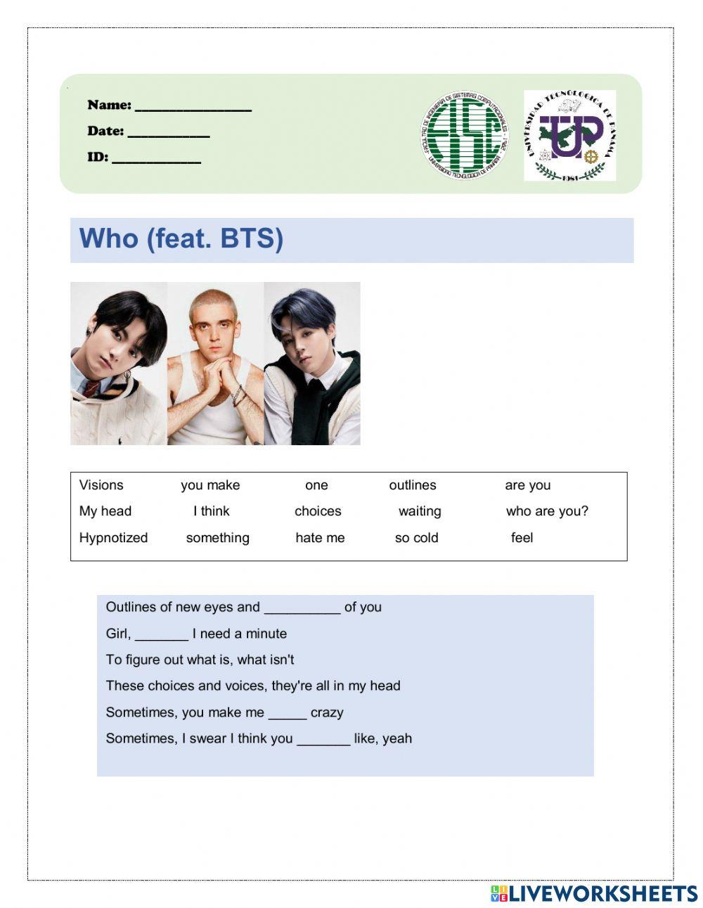 Song Who:Lauv (feat.BTS) interactive worksheet | Live Worksheets