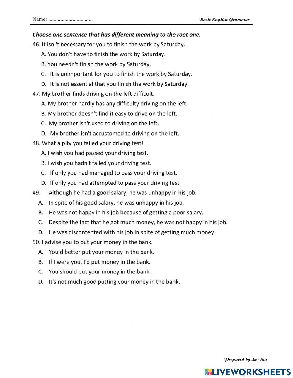 Practice Test 1B worksheet | Live Worksheets
