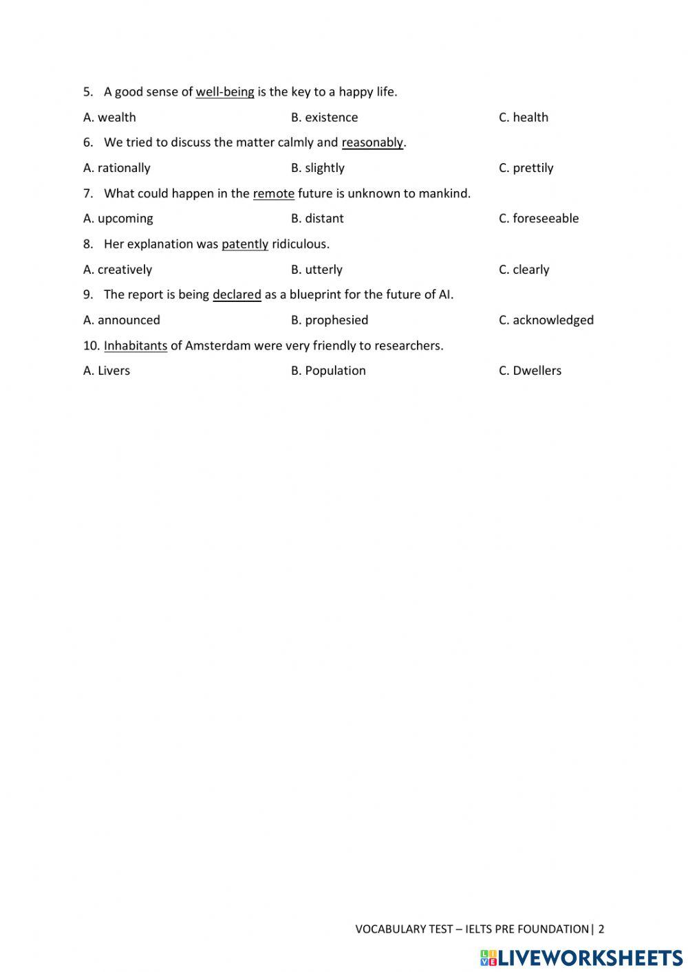 PreF-Vocab Test-R1 worksheet | Live Worksheets
