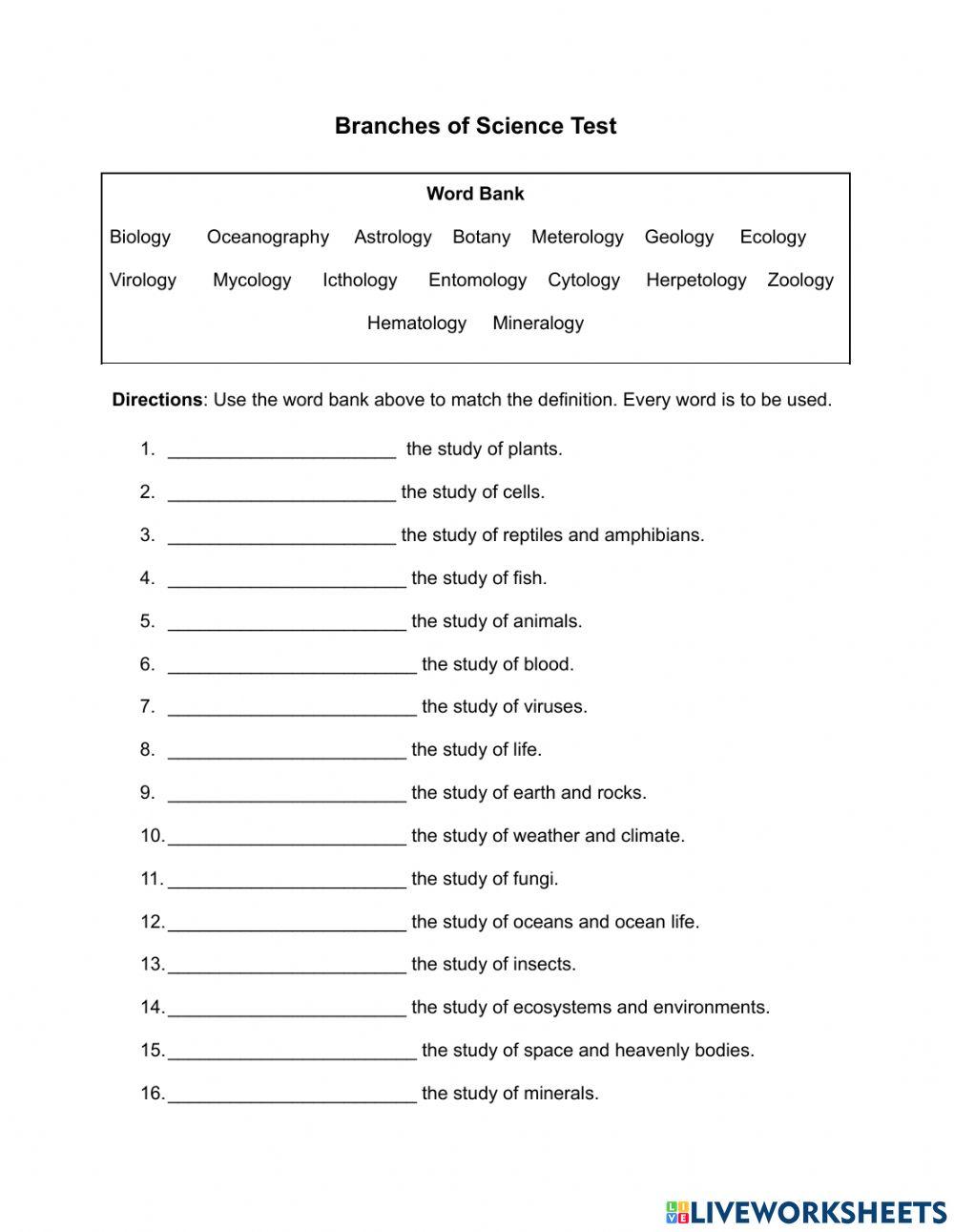 Branches of Science online exercise for | Live Worksheets