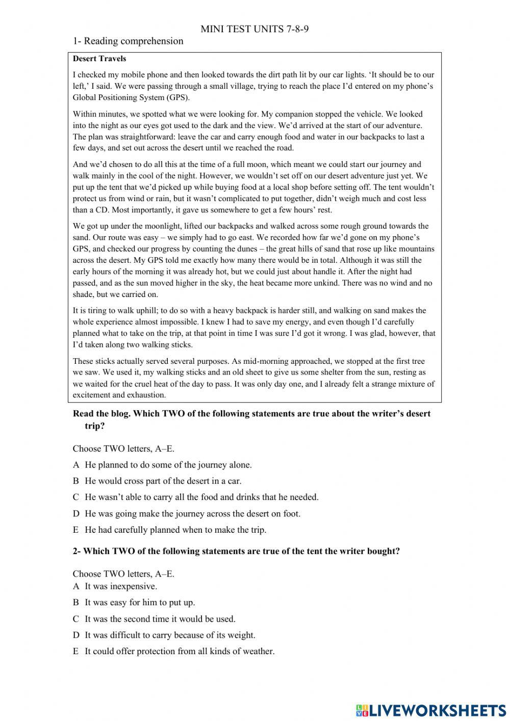 Mini test units 7-8-9 worksheet | Live Worksheets