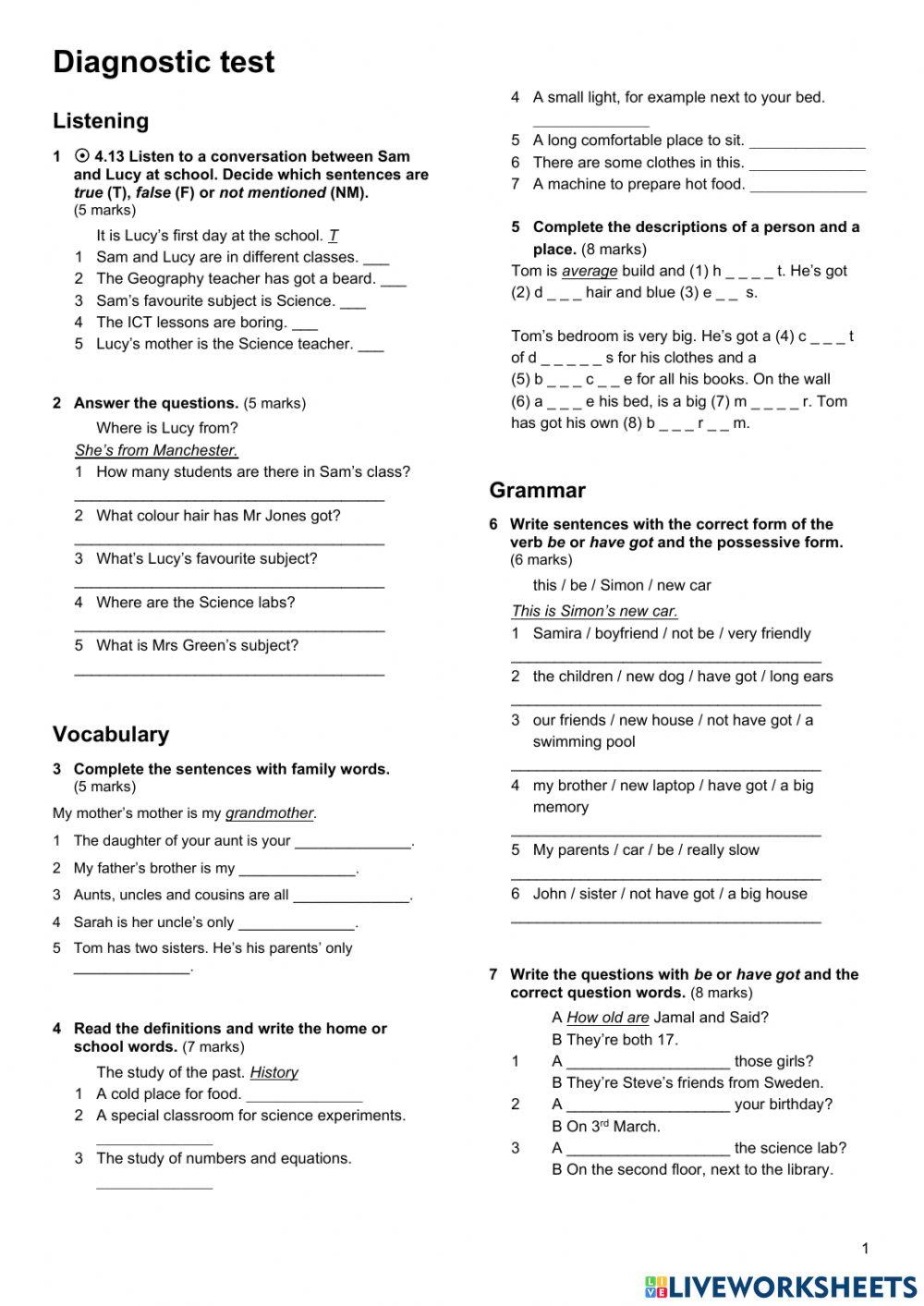 Diagnostic Test online exercise for | Live Worksheets