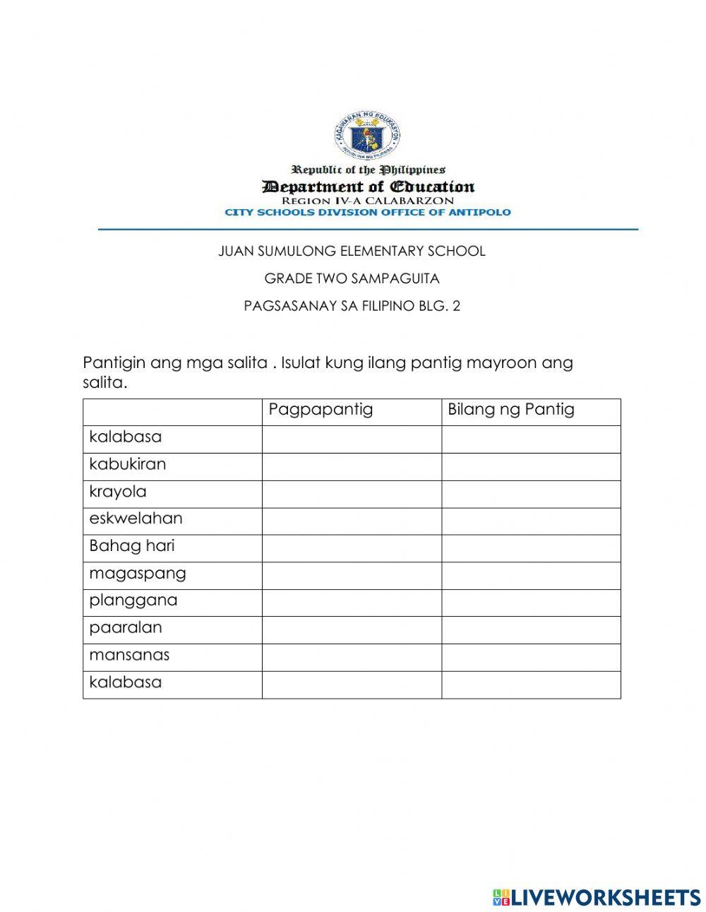 Pagpapantig ng … | Free Interactive Worksheets | 4190020