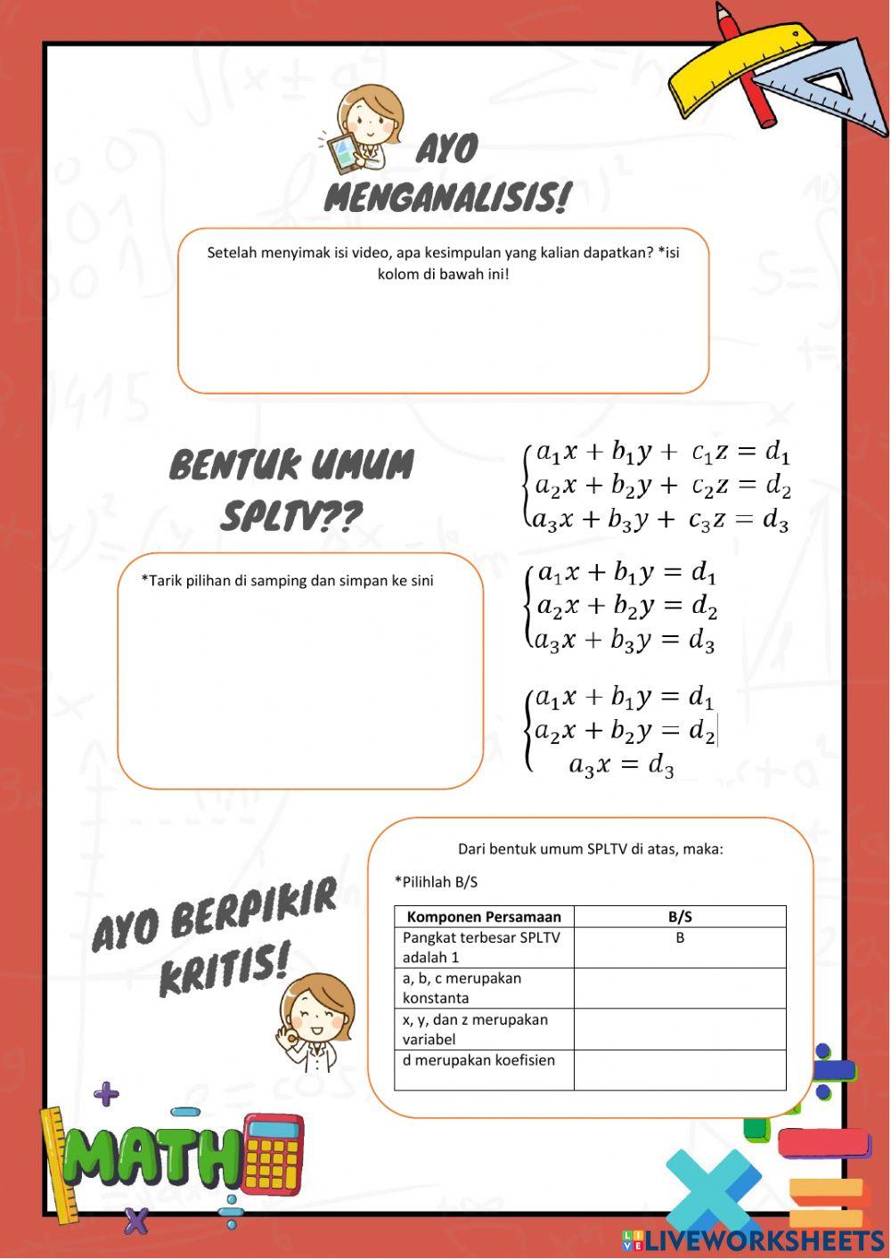 LKS SPLTV (Sistem Linear Tiga Variabel) worksheet | Live Worksheets