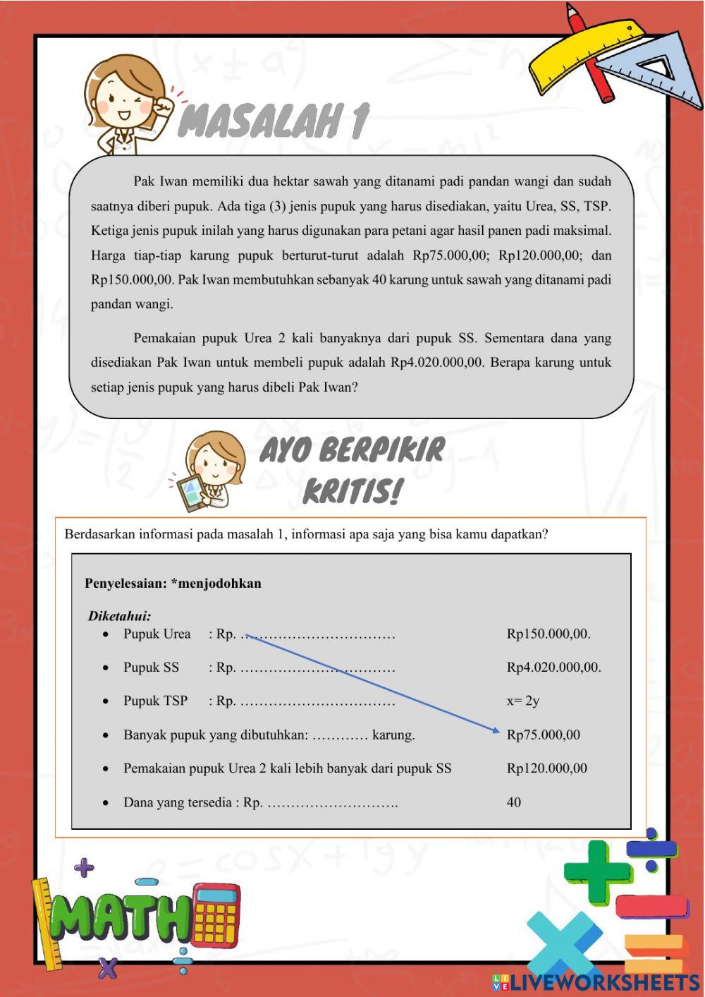 LKS SPLTV (Sistem Linear Tiga Variabel) worksheet | Live Worksheets