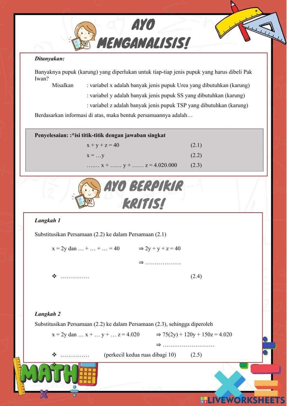 LKS SPLTV (Sistem Linear Tiga Variabel) worksheet | Live Worksheets