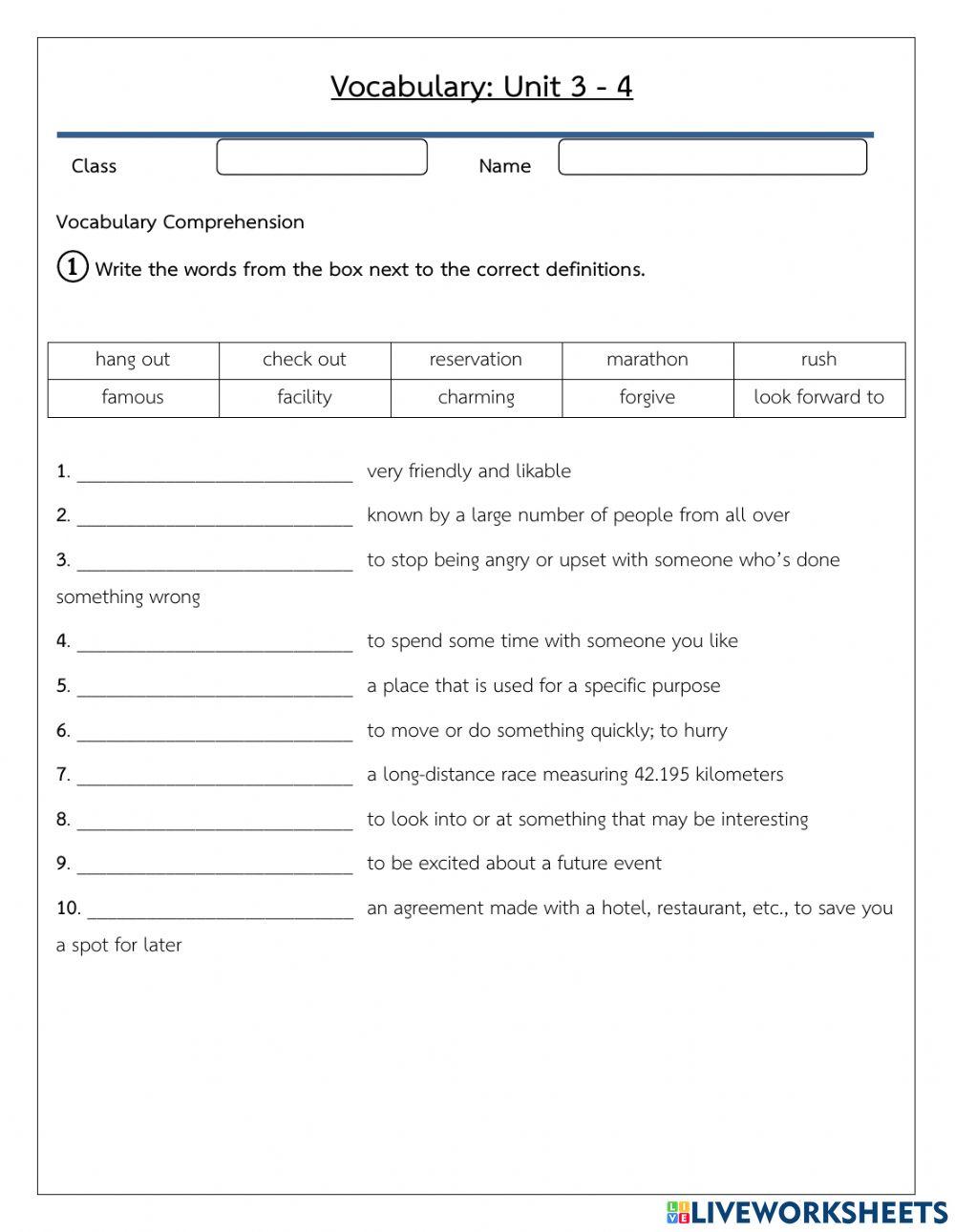 Vocabulary online exercise for grade 10 | Live Worksheets