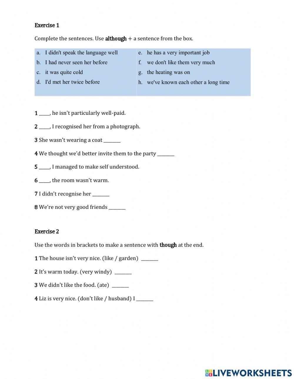 Although-though… | Free Interactive Worksheets | 2262219