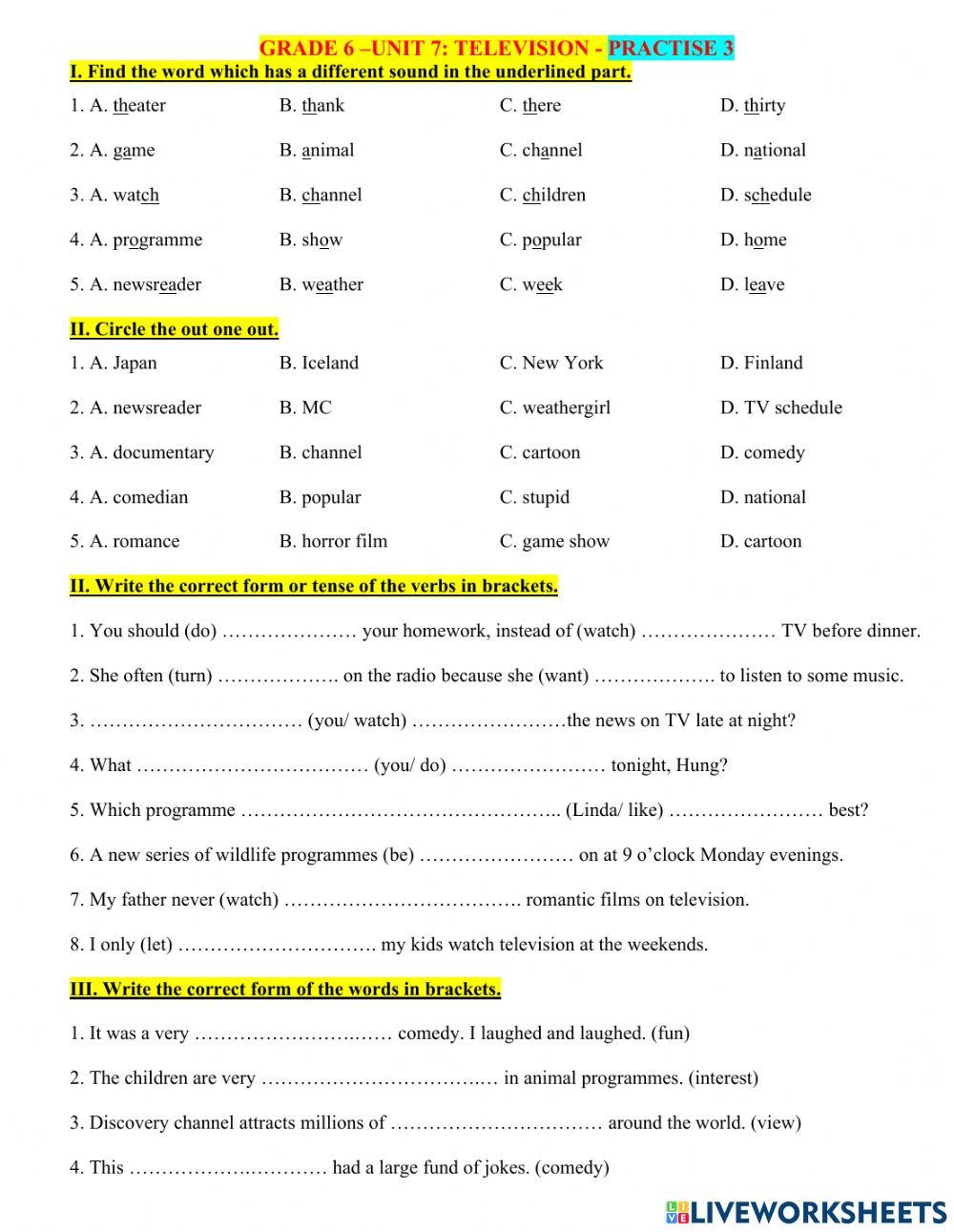 G6-unit 7 practise 3 worksheet | Live Worksheets