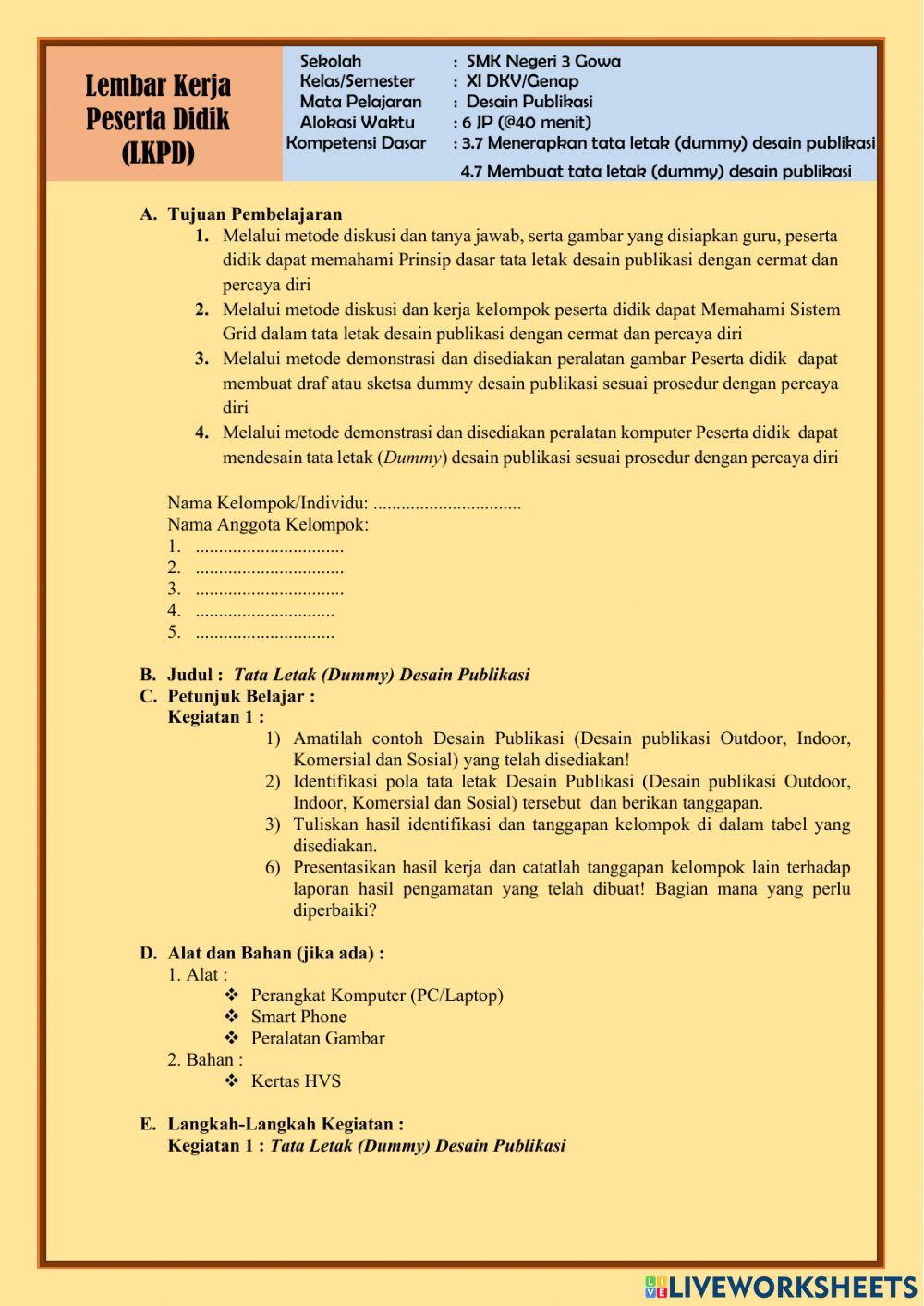 LKPD-Tata Letak (Dummy) Desain Publikasi online exercise for | Live ...