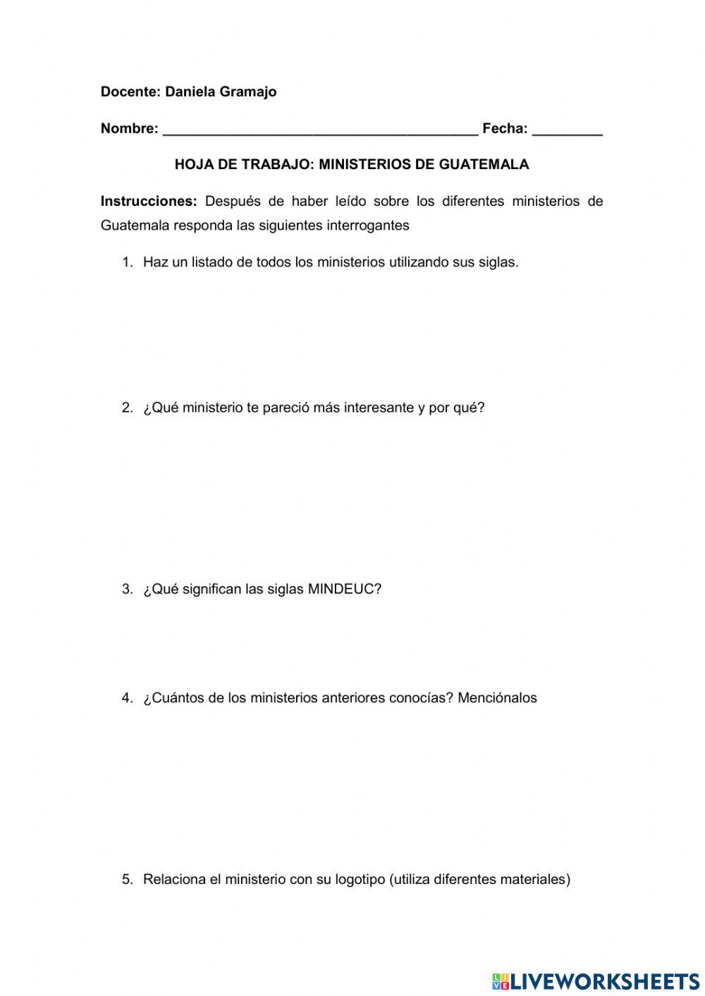 Ministerios de guatemala worksheet | Live Worksheets
