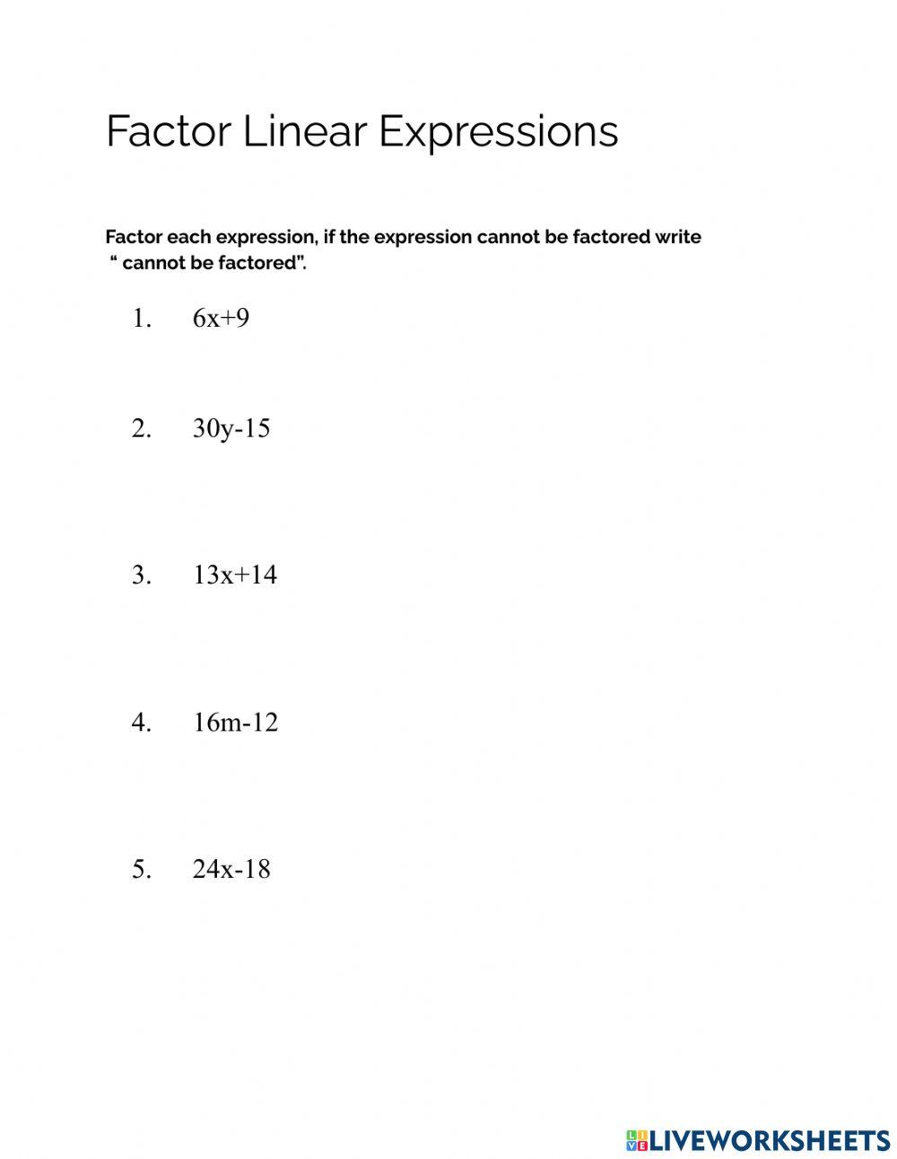 Factor Linear Expressions online exercise for | Live Worksheets Factor Linear Expressions online exercise for | Live Worksheets