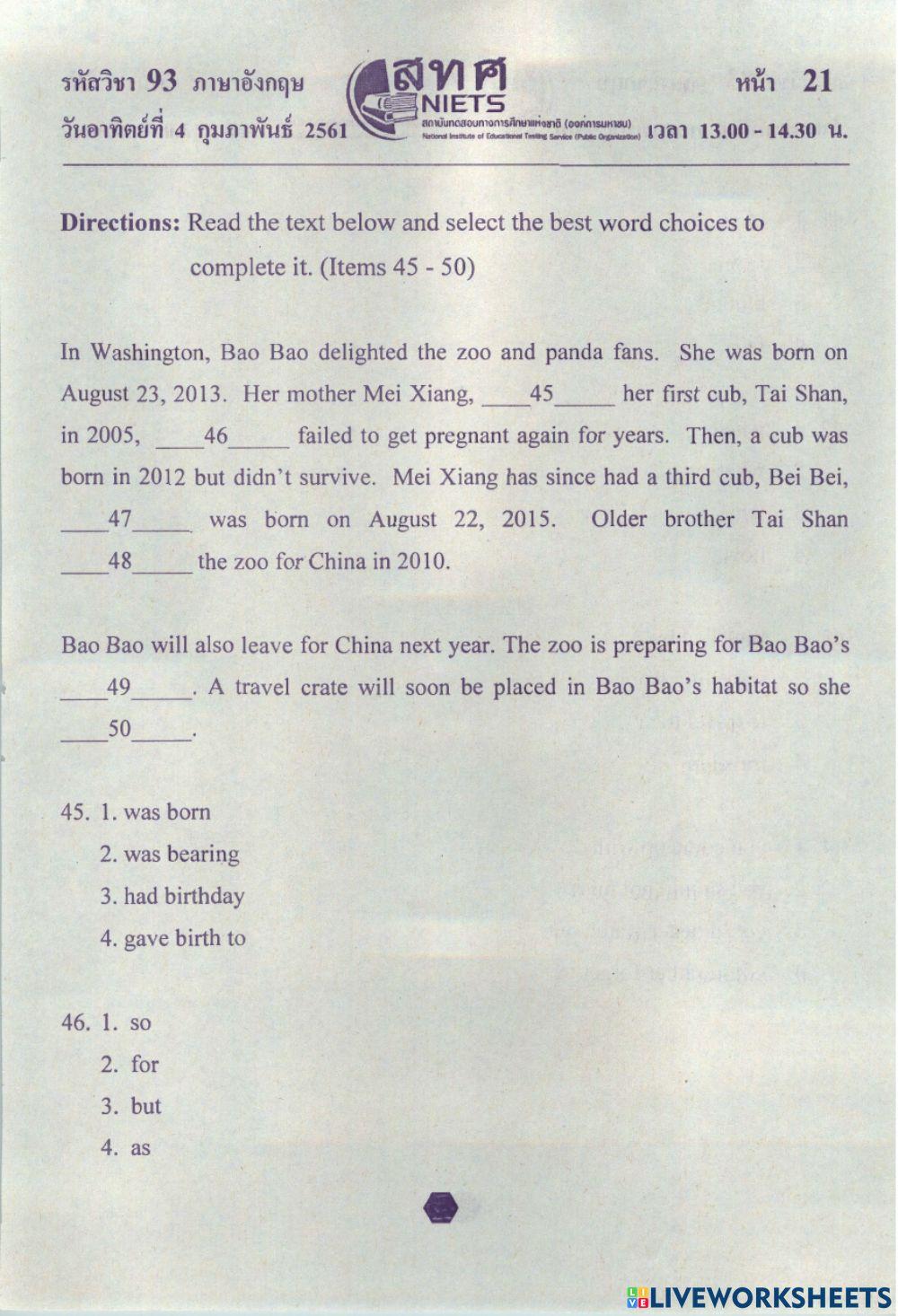 English ONET M.3 2560 Part 3 No.37-50 worksheet | Live Worksheets
