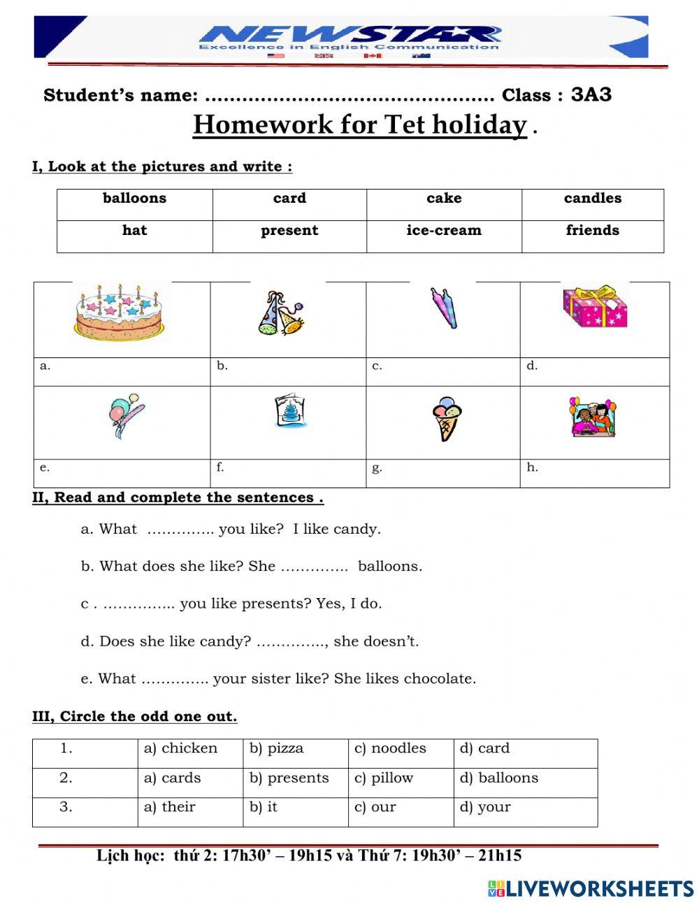 Homework for tet holiday 3a3 worksheet | Live Worksheets