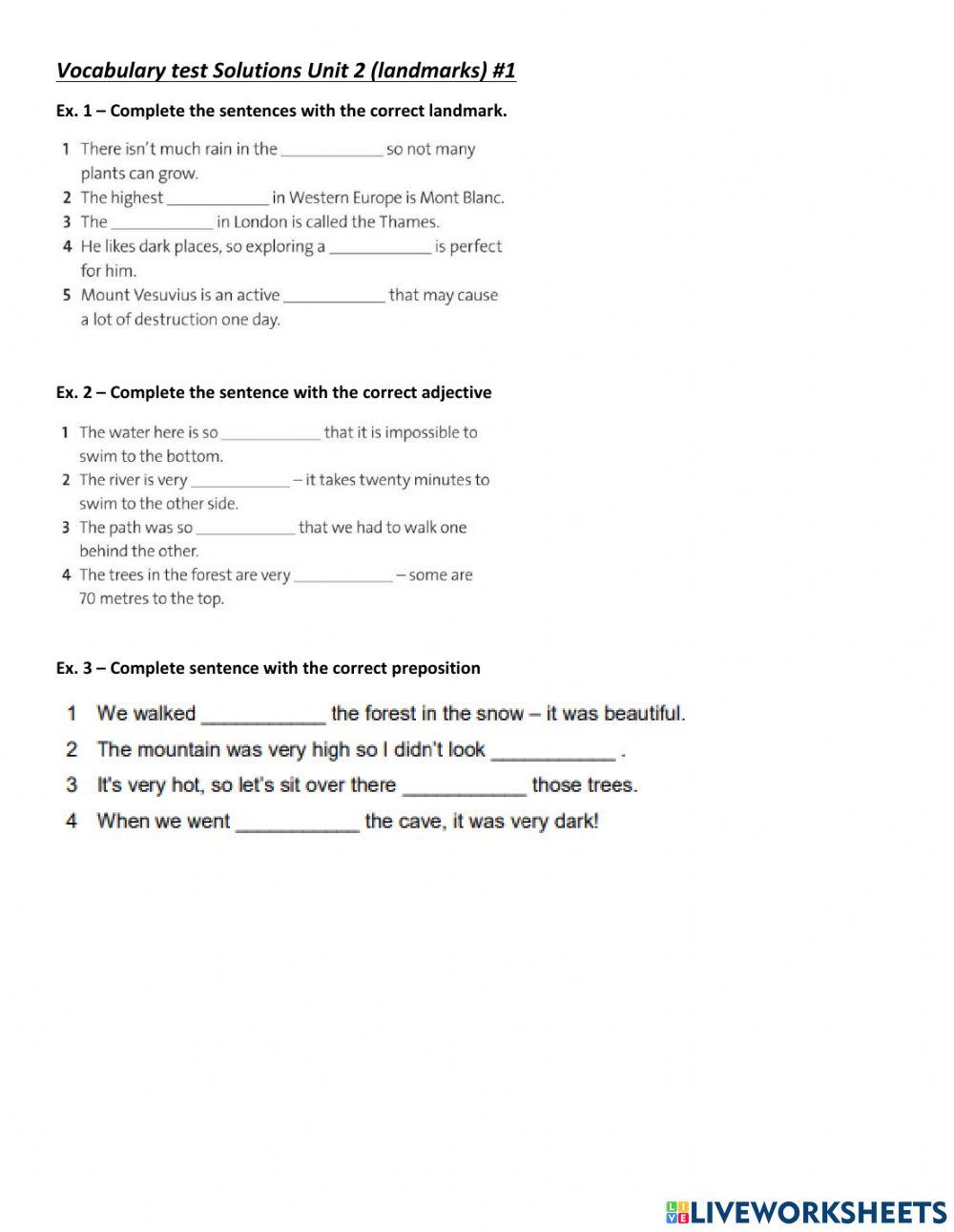 Landscapes short test worksheet | Live Worksheets