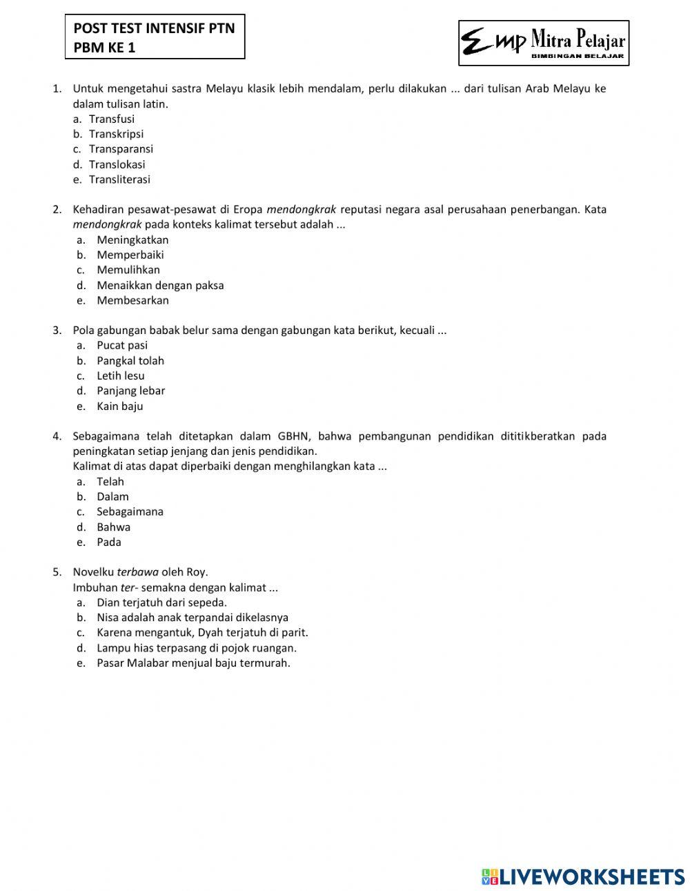 Post test intensif pbm 1 worksheet | Live Worksheets
