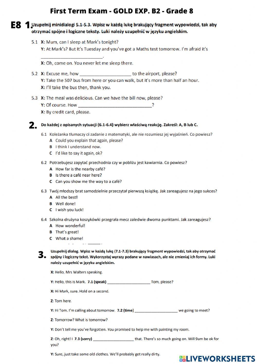 2263713 | First Term Test - GOLD EXP B2 -grade 8