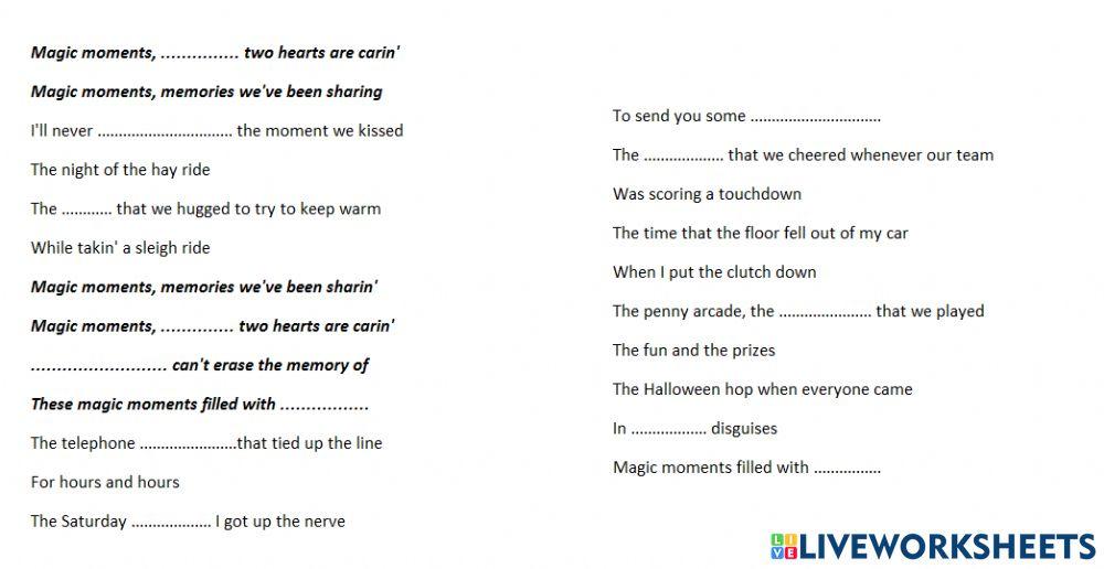 Magic moments song worksheet | Live Worksheets