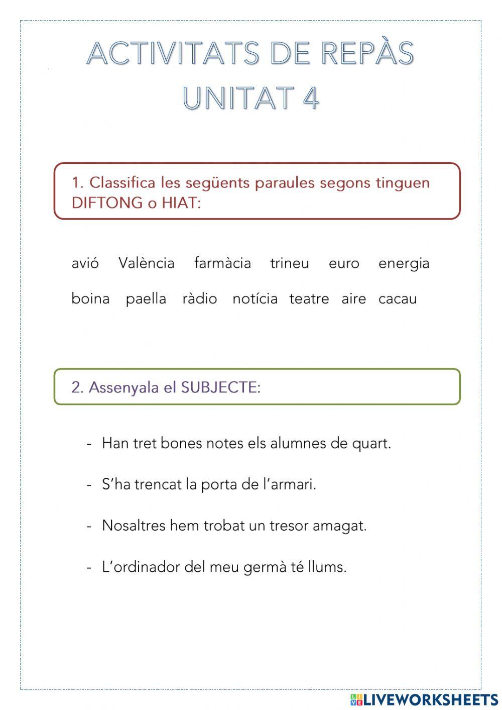 REPÀS DE LA UNITAT 4 online exercise for | Live Worksheets