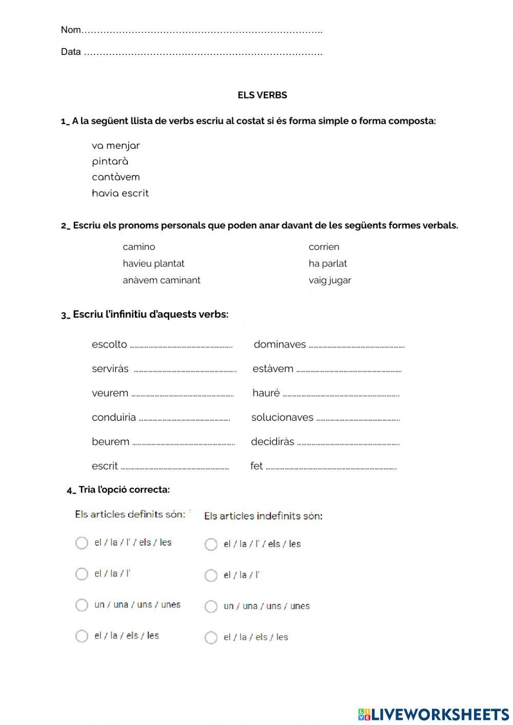 Els verbs | Free Interactive Worksheets | 2263850
