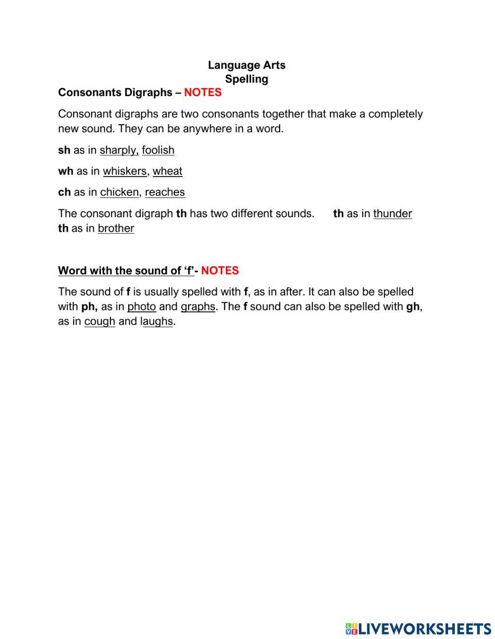 Spelling - Consonant Digraphs - NOTES online exercise for | Live Worksheets