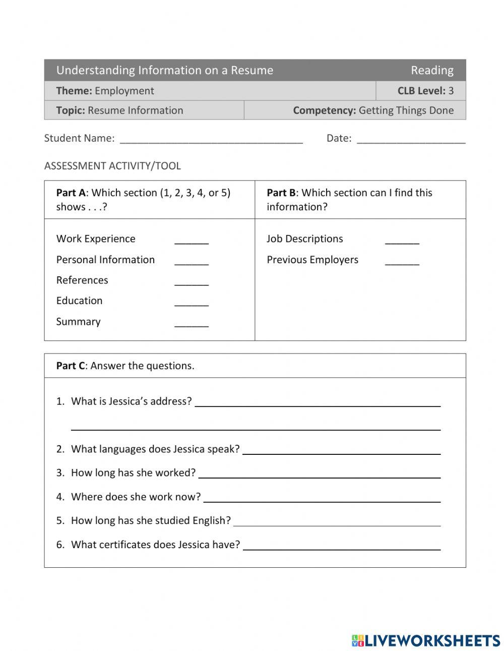 CLB 3 Reading Understanding Information on a Resume